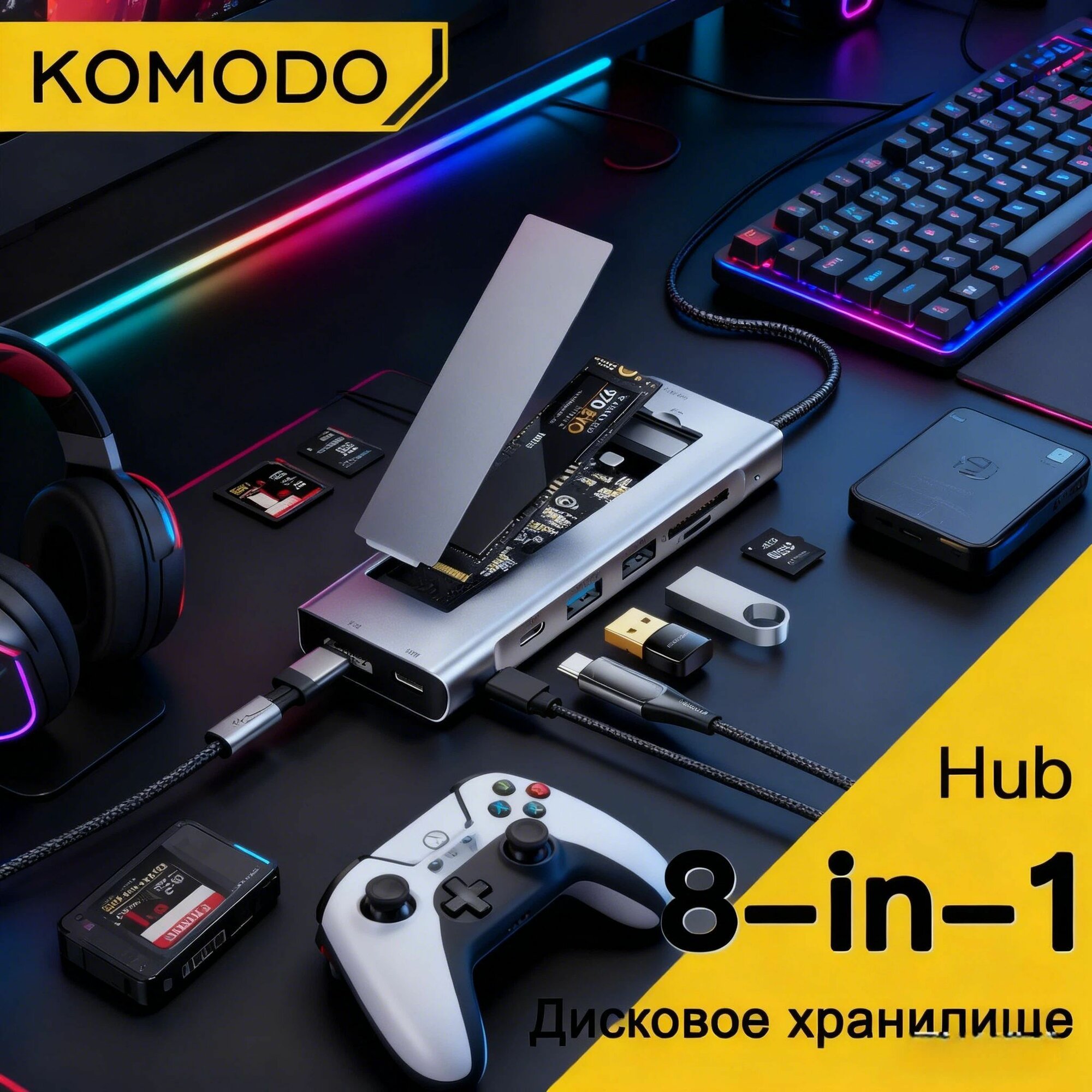 8-в-1 алюминиевый USB-концентратор с корпусом SSD M.2 NVMe 10 Гбит/с 4K HDMI 1.4 USB 3.2 Gen 2 PD 100 Вт