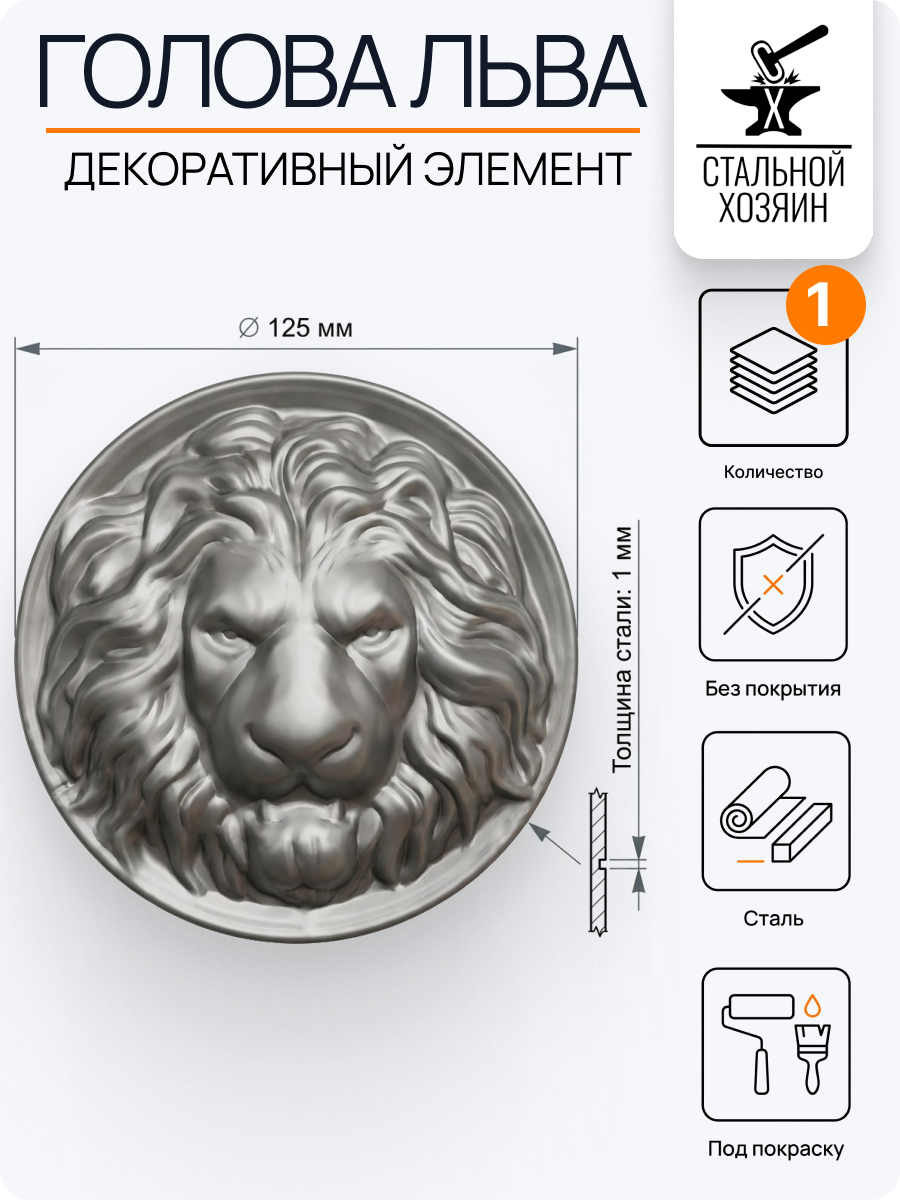 1 шт Кованый элемент Накладка стальная Голова Льва диаметр 125 мм