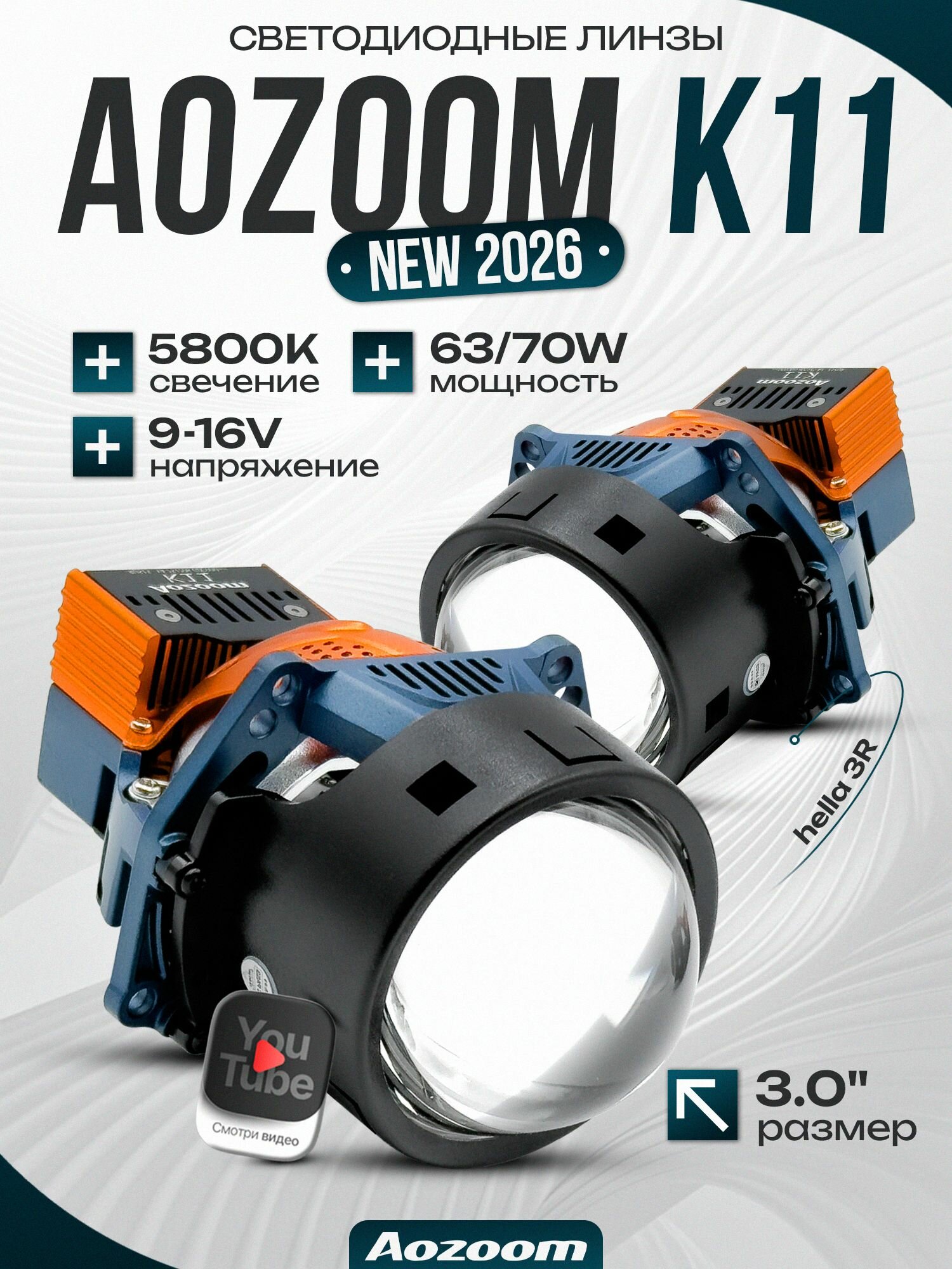 Светодиодные линзы Bi LED Аозум K11 3.0 2 чипа и 2 отражателя мощность 63w / Установка линз в фары / Замена штатных линз