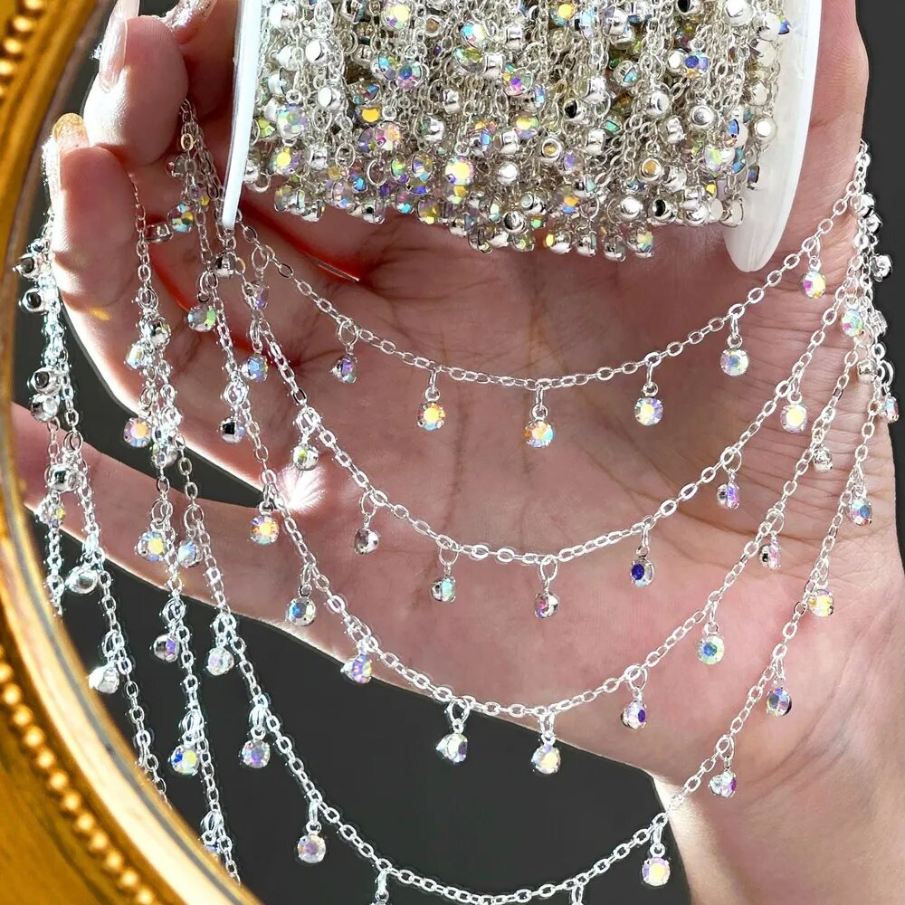 Цепочка из белого горного хрусталя-серебристая-1 метра