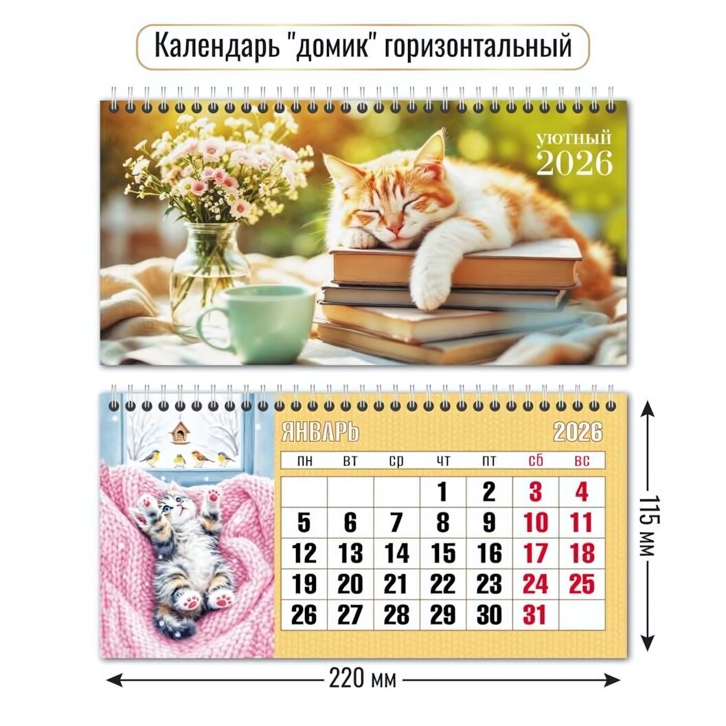 Календарь-домик горизонтальный 2026 'Уютный 2026', 220х115мм, с иллюстрацией кота
