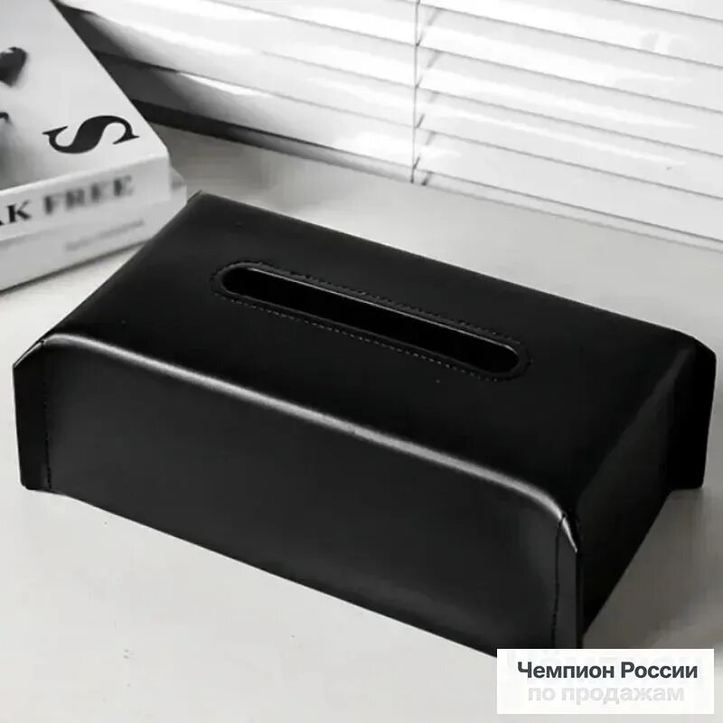 Салфетница кожаная черная прямоугольная настольная для салфеток