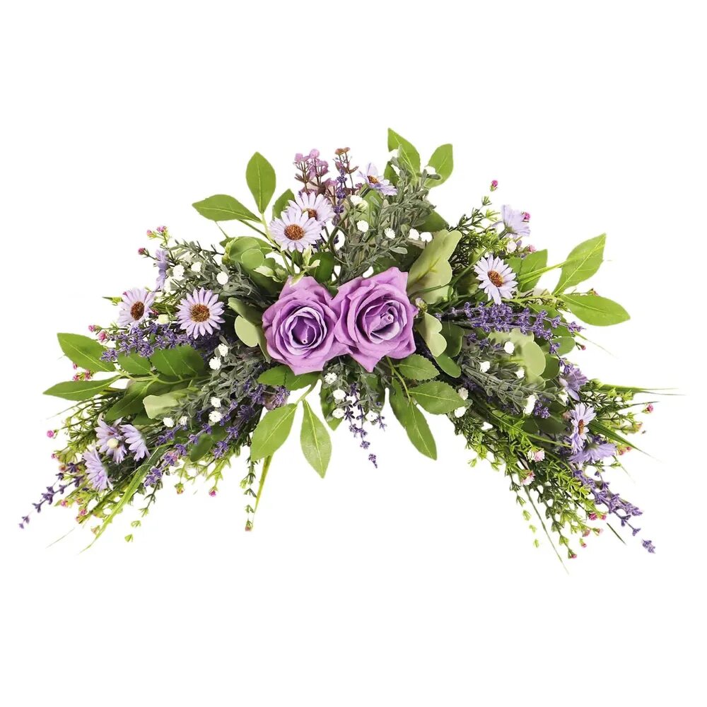 Искусственные цветы, 1шт. Искусственный венок для входной двери с лавандой, ромашками и розами, сиреневый