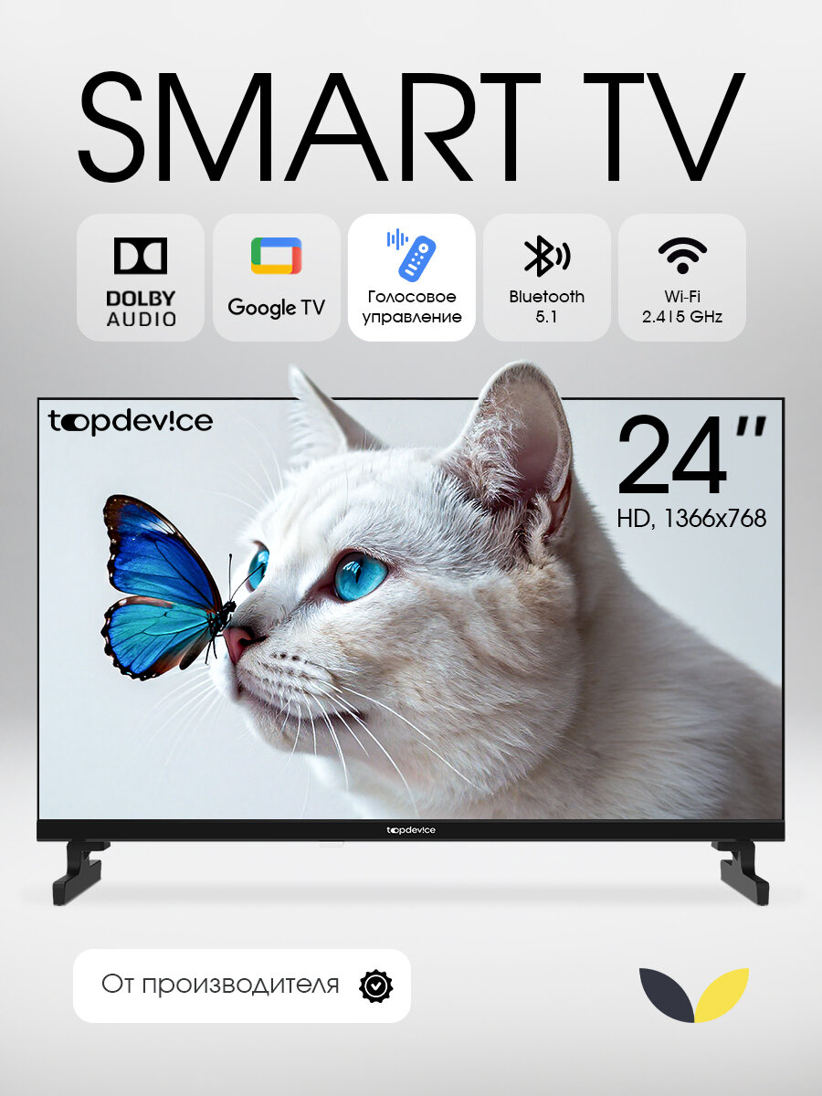 Телевизор Topdevice TV 24″, HD, IPS матрица, смарт Google TV, Wi-Fi, Bluetooth 5.1, черный (TDHTV24GHD_BK)