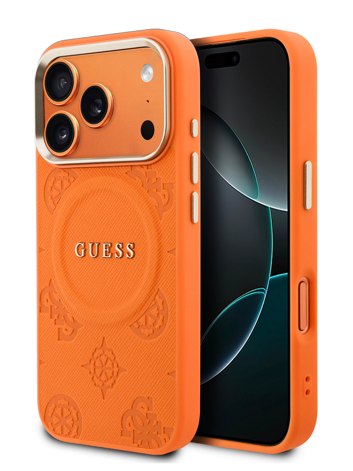 Чехол Guess на iPhone 17 Pro, с магнитами MagSafe, из экокожи PU Saffiano, оранжевый