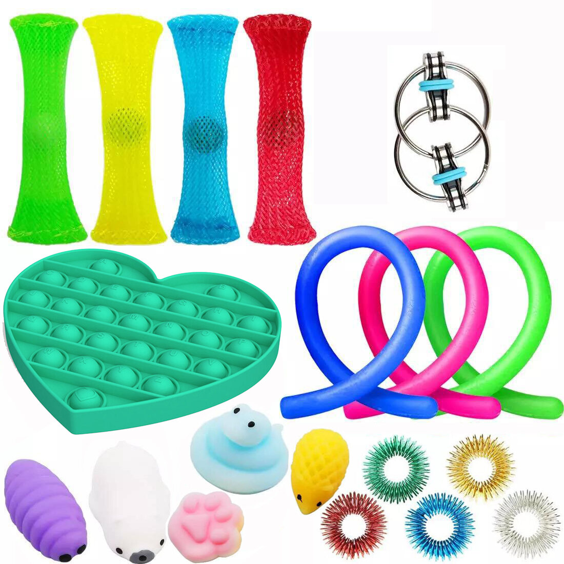Сенсорные игрушки-антистресс: набор из 19 предметов в форме сердца с пузырьками, кольцами из сетчатого материала и эластичными нитями для детей и взрослых, вечеринок и занятий в классе.