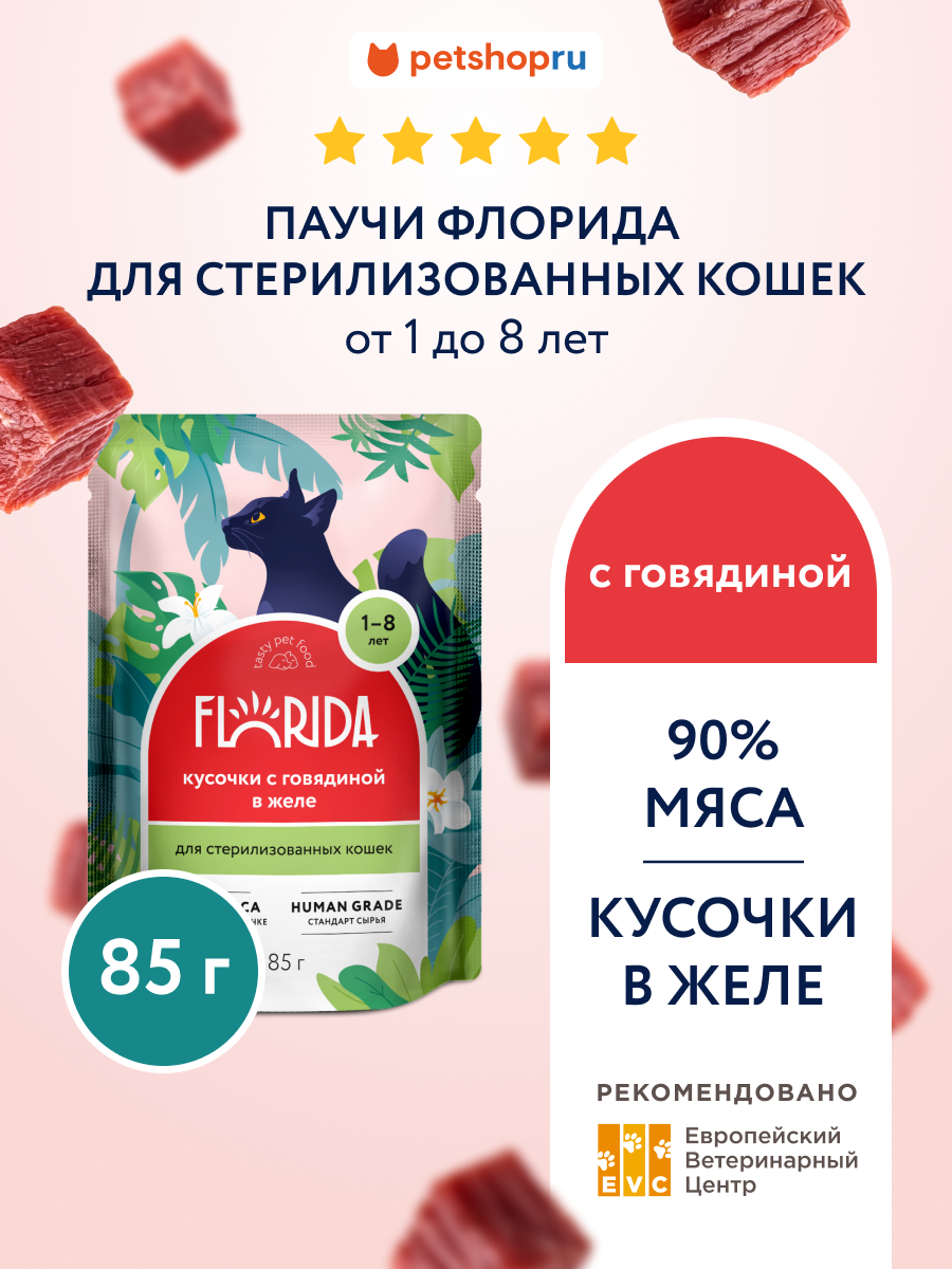 FLORIDA Паучи для кошек, влажный корм для стерилизованных кошек, кусочки с говядиной в желе, 1 шт, 85 г