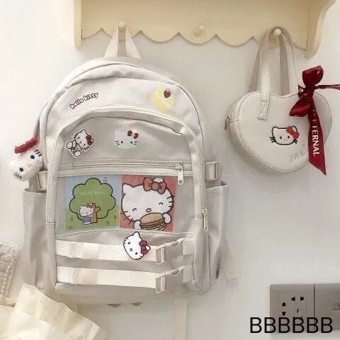 Рюкзак Hello Kitty для девочки, школьный, белый/бежевый, лицензионный, Куроми, из Оксфорд нейлон