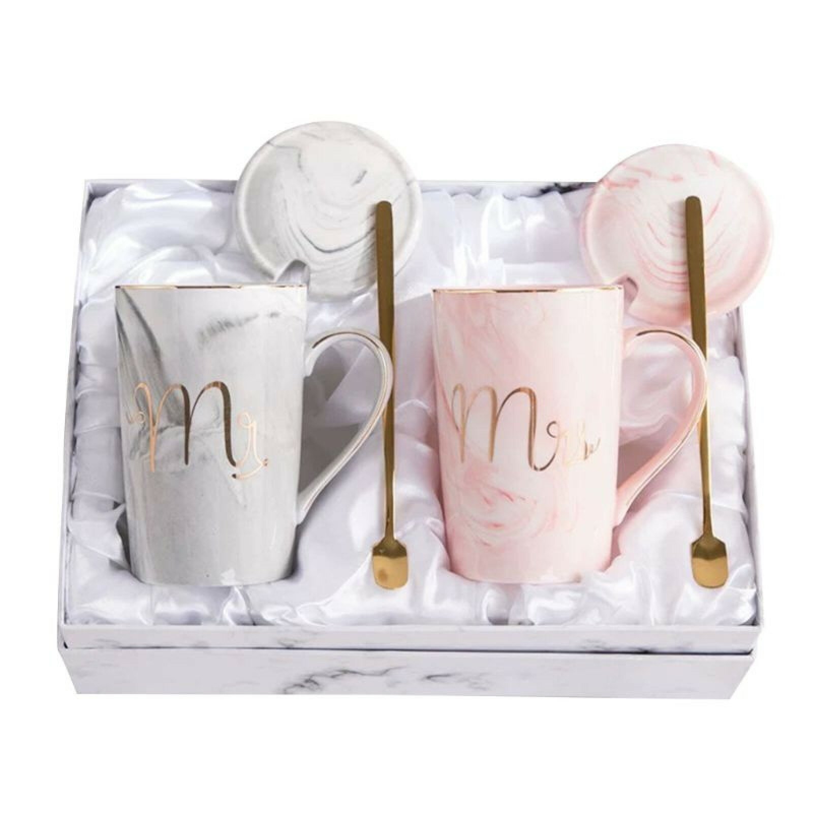 Парные мраморные керамические кружки MyPads Mr. и Mrs. с крышками и ложками