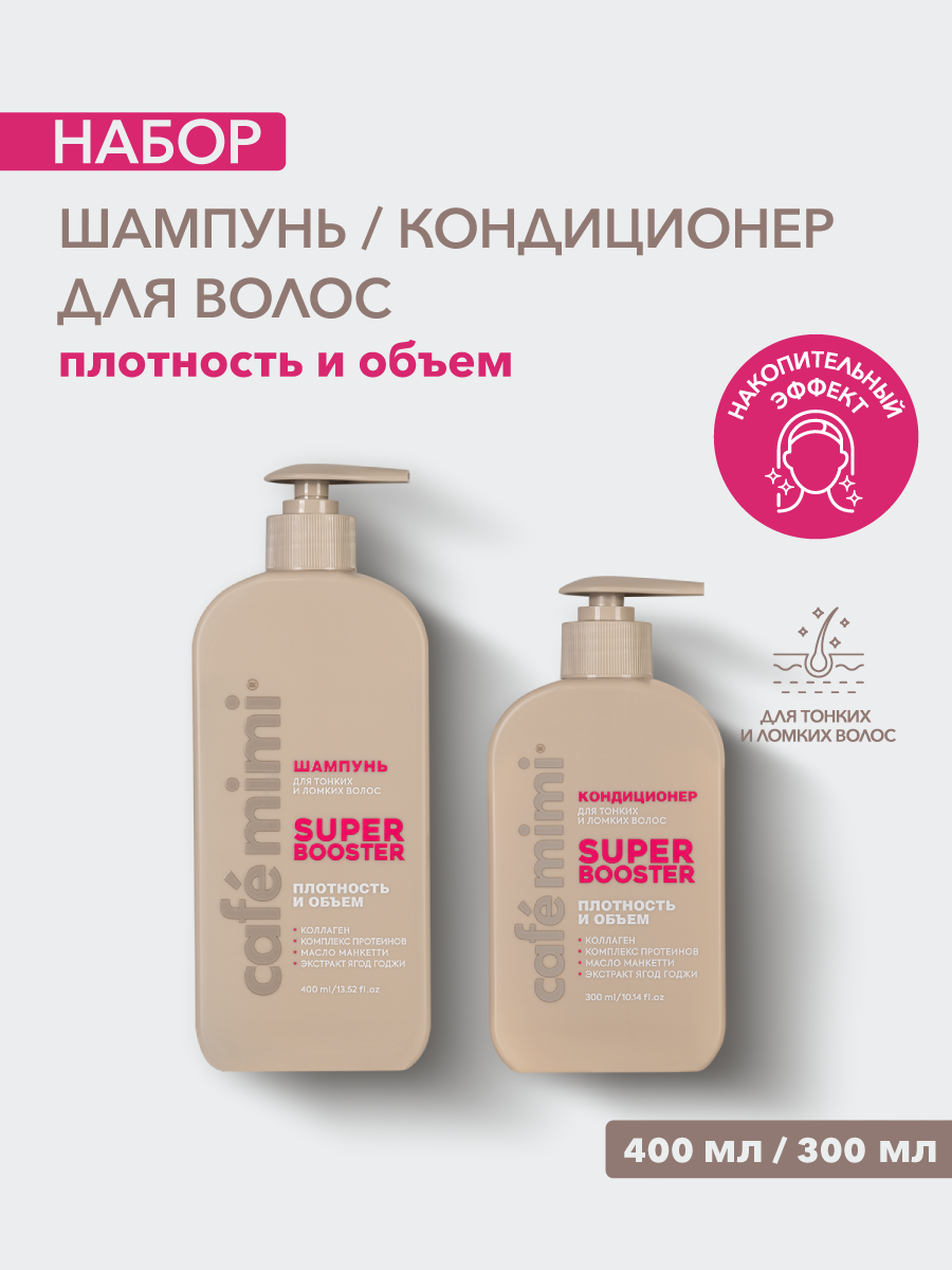 Набор Cafe Mimi "SUPER BOOSTER" Плотность и объем, Шампунь и Кондиционер, для волос 400мл/300 мл