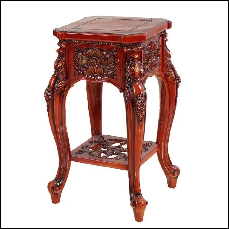 Консоль деревянная резная коричневая 34х34х65 см. Классический столик для гостиной или спальни.