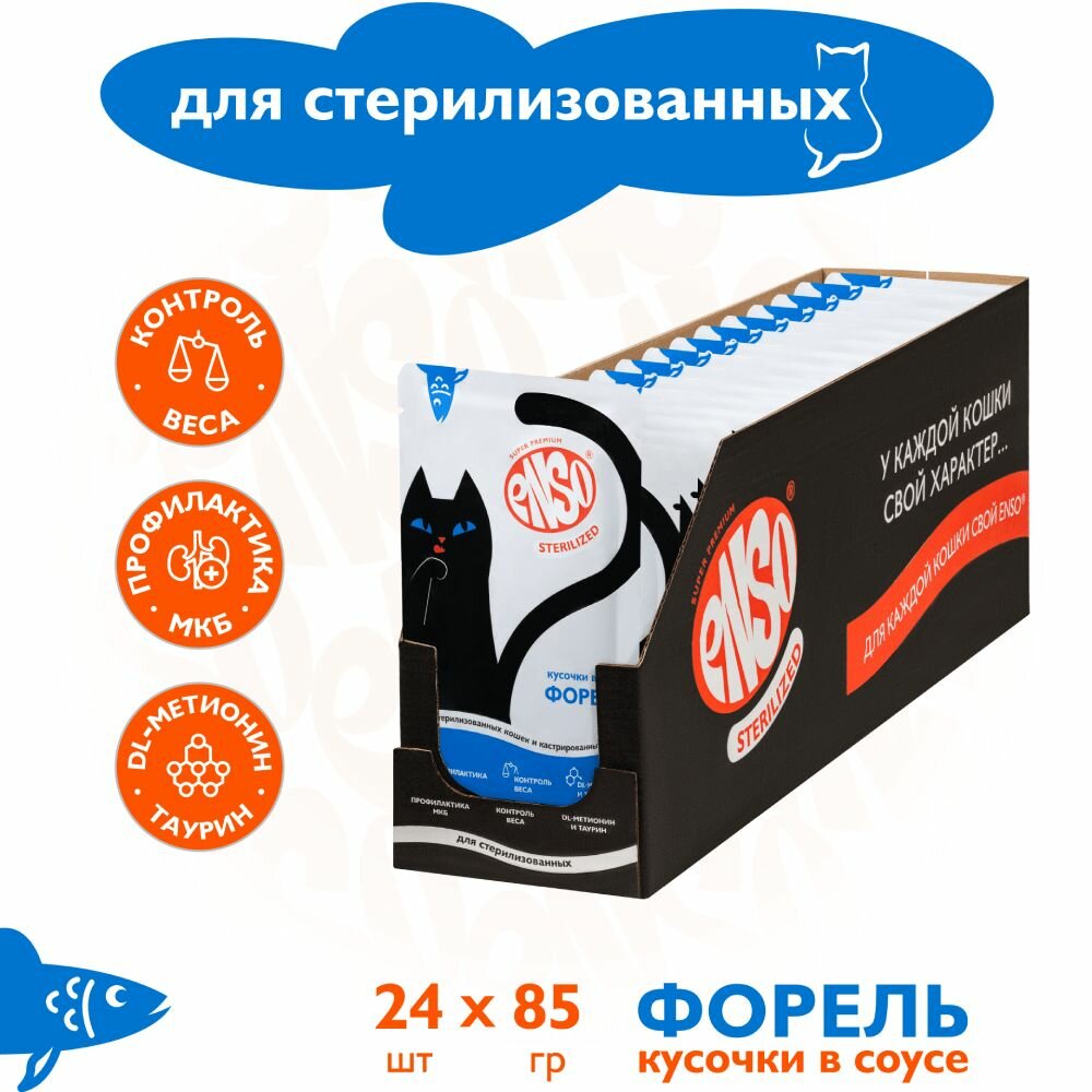 ENSO STERILIZED 24 шт по 85 гр. кусочки в соусе с форелью для стерилизованных кошек