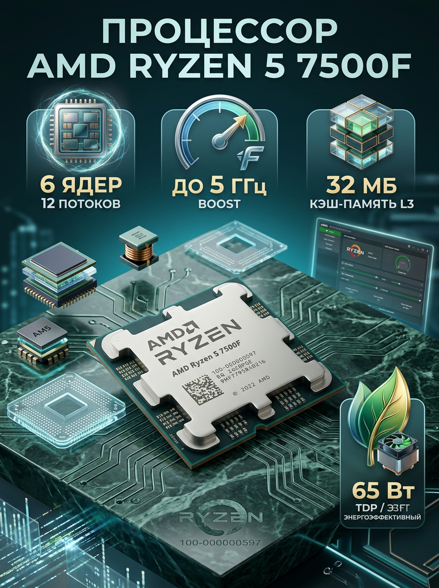 Процессор AMD Ryzen 5 7500F (CPU AM5, 6C/12T, 3.7/5 GHz, 32MB, 65W), 100-000000597, OEM