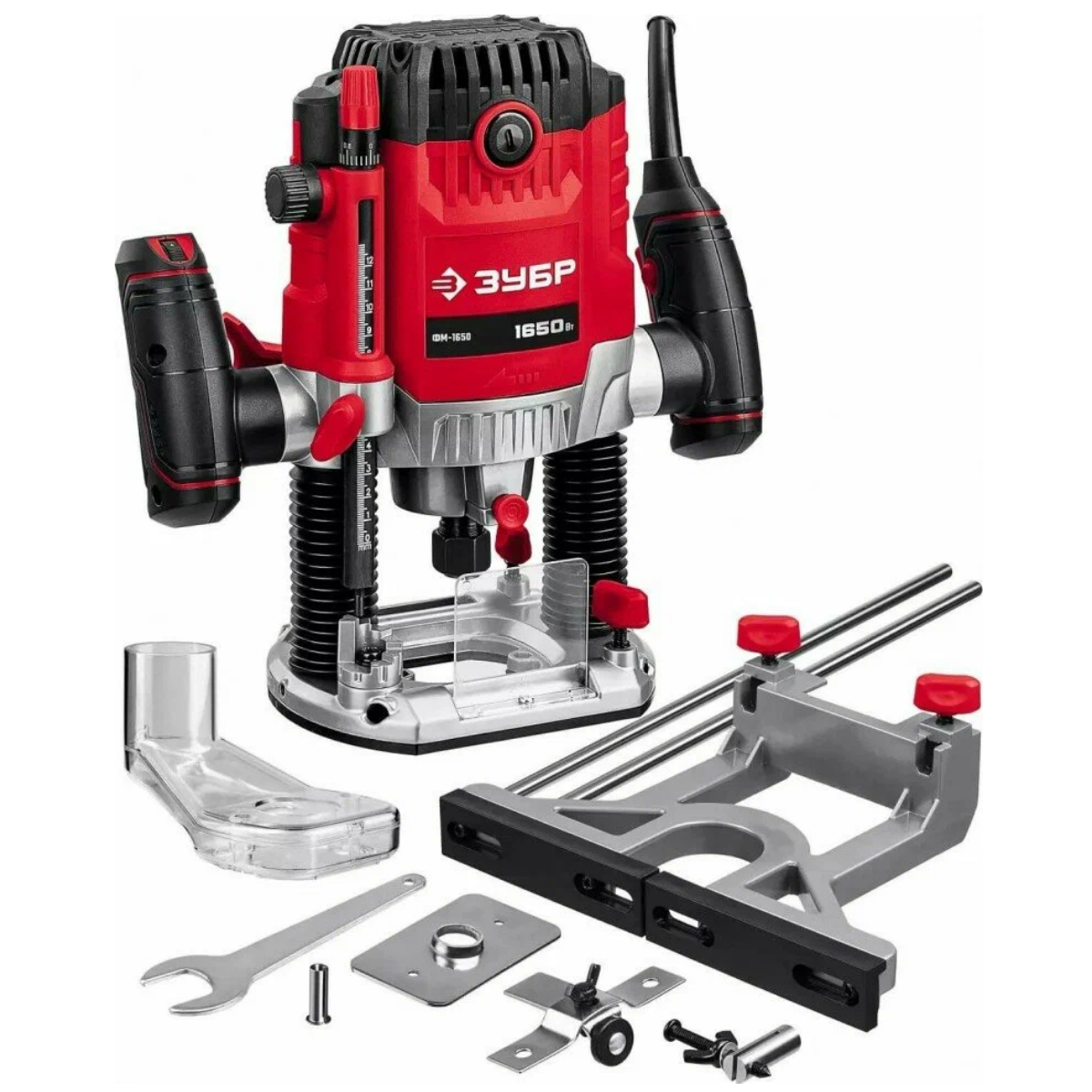 Фрезерная машина ЗУБР ФМ-1650 красная универсальный, 1650 Вт, 6000–26000 об/мин, цанги 6 и 8 мм