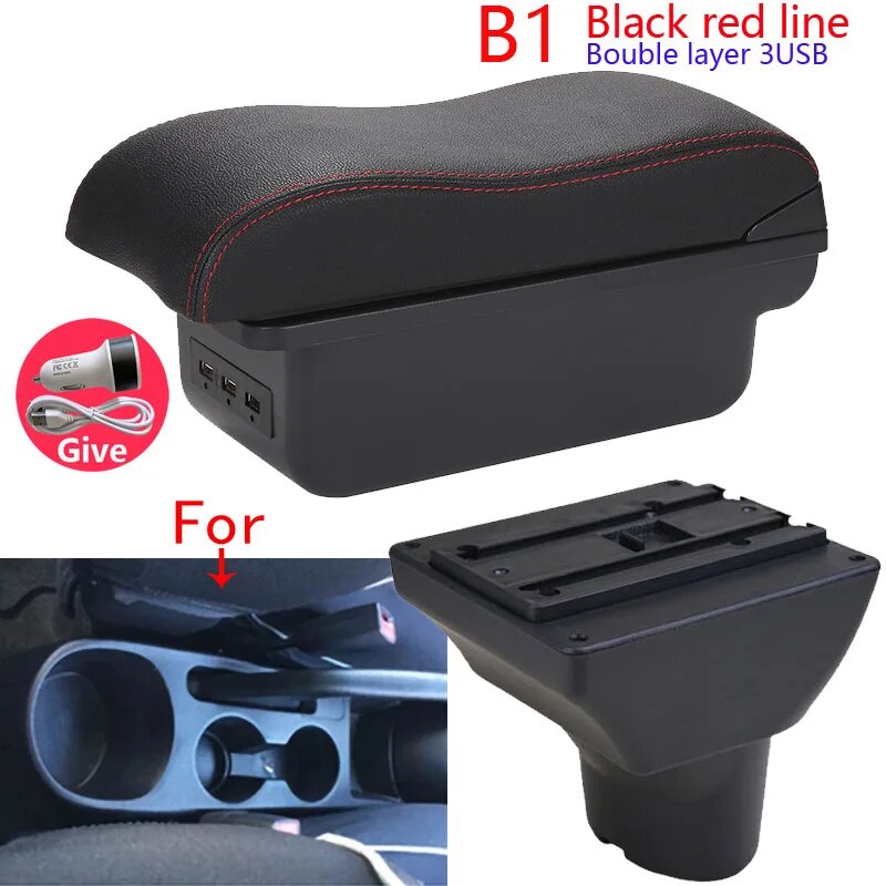 Подлокотник автомобильный B1 Black Red 3USB для Hyundai I20