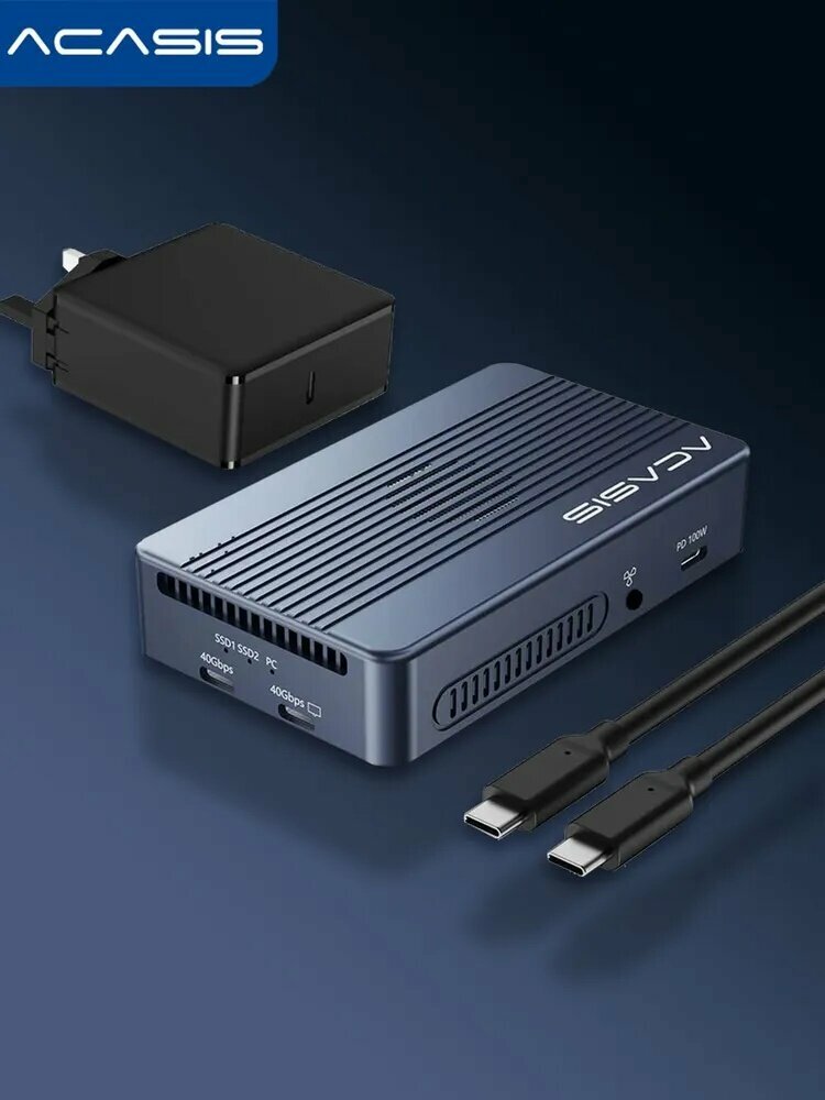 Док-станция ACASIS 6-в-1 USB-C / Thunderbolt 4 с HDMI 2.0 4K@60 Гц, PD 100 Вт + корпус для двух M.2 NVMe SSD 40 Гбит/с, для видеомонтажа
