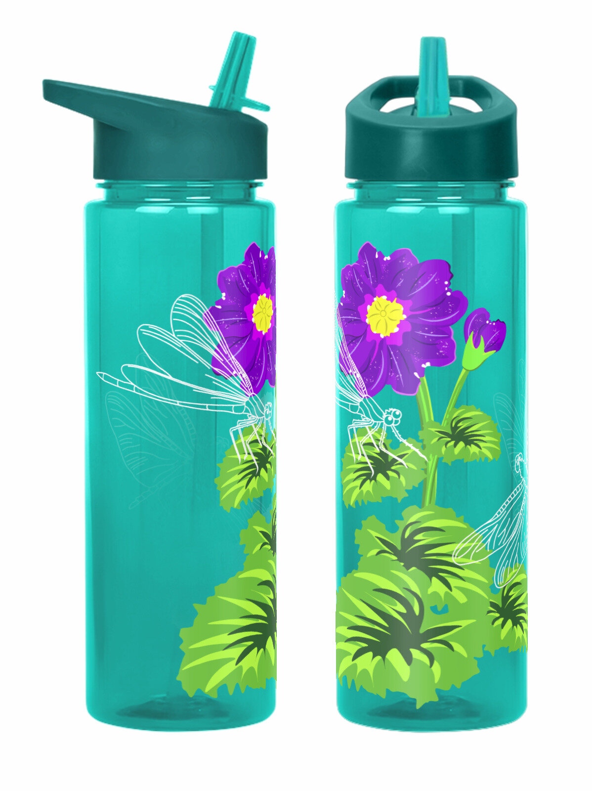 Бутылка бирюзовая для воды с принтом Цветы Примула фиолетовая и стрекозы