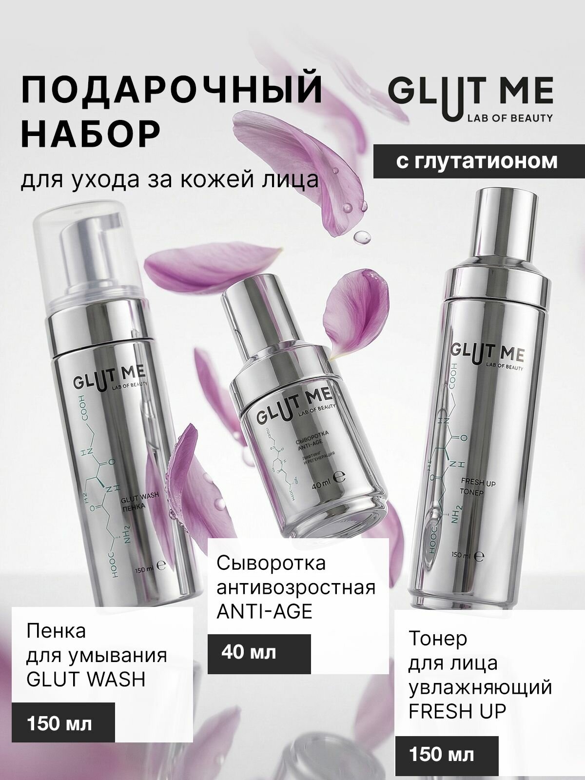 Подарочный набор уходовой косметики для лица Glut Me / Пенка для умывания GLUT WASH, 150 мл, Сыворотка для лица антивозрастная ANTI-AGE SERUM, 40 мл и Тонер для лица увлажняющий FRESH UP, 150 мл