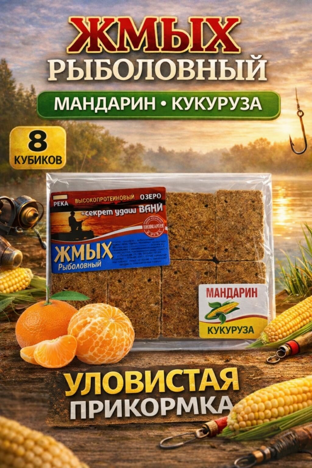 Прикормка для рыбалки жмых кукурузный "Мандарин", 8 кубиков, макуха прессованная, приманка для карпа, карася, фидерной и донной ловли