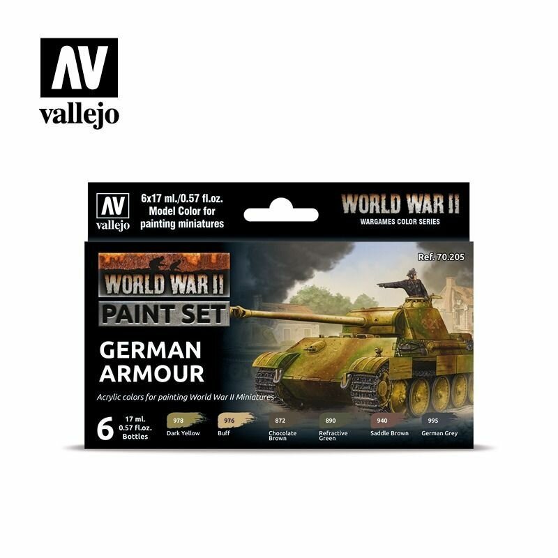 Эксклюзивный набор из 6 флаконов акриловой краски Vallejo Model Color 70205 для росписи немецкой бронетехники времен Второй мировой войны, объемом 17 мл