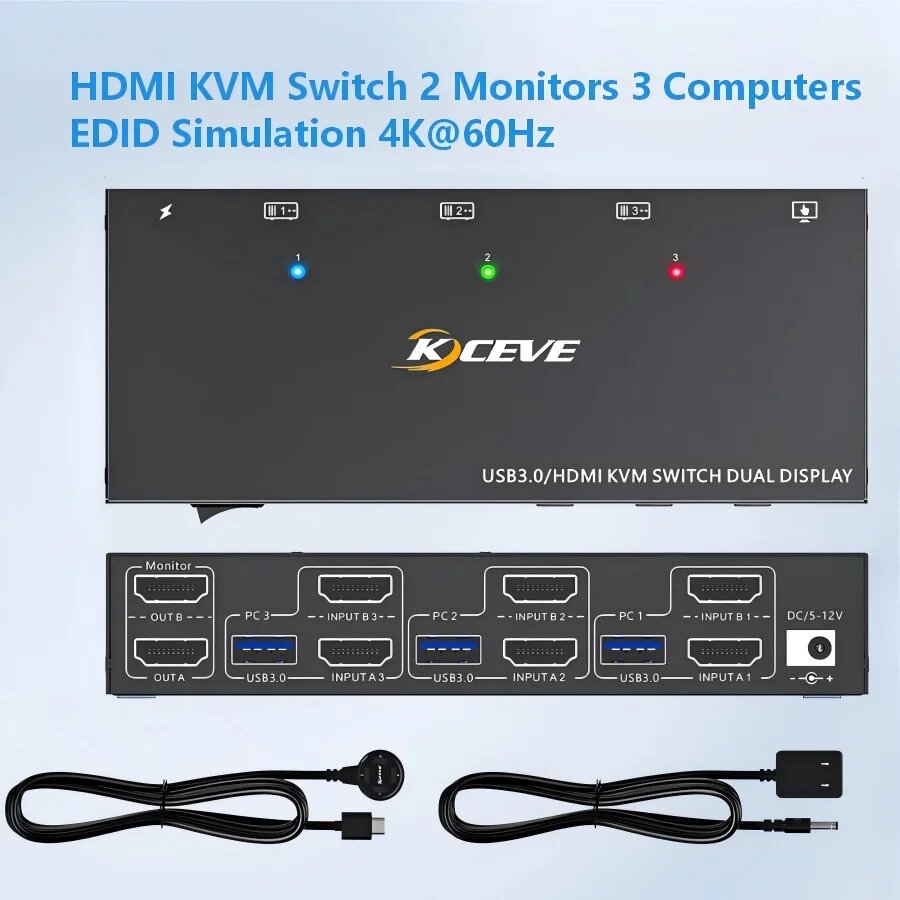 AIMOS KVM-переключатель 2 монитора 3 компьютера 4K EU Power Adapter, 302HDMI DP