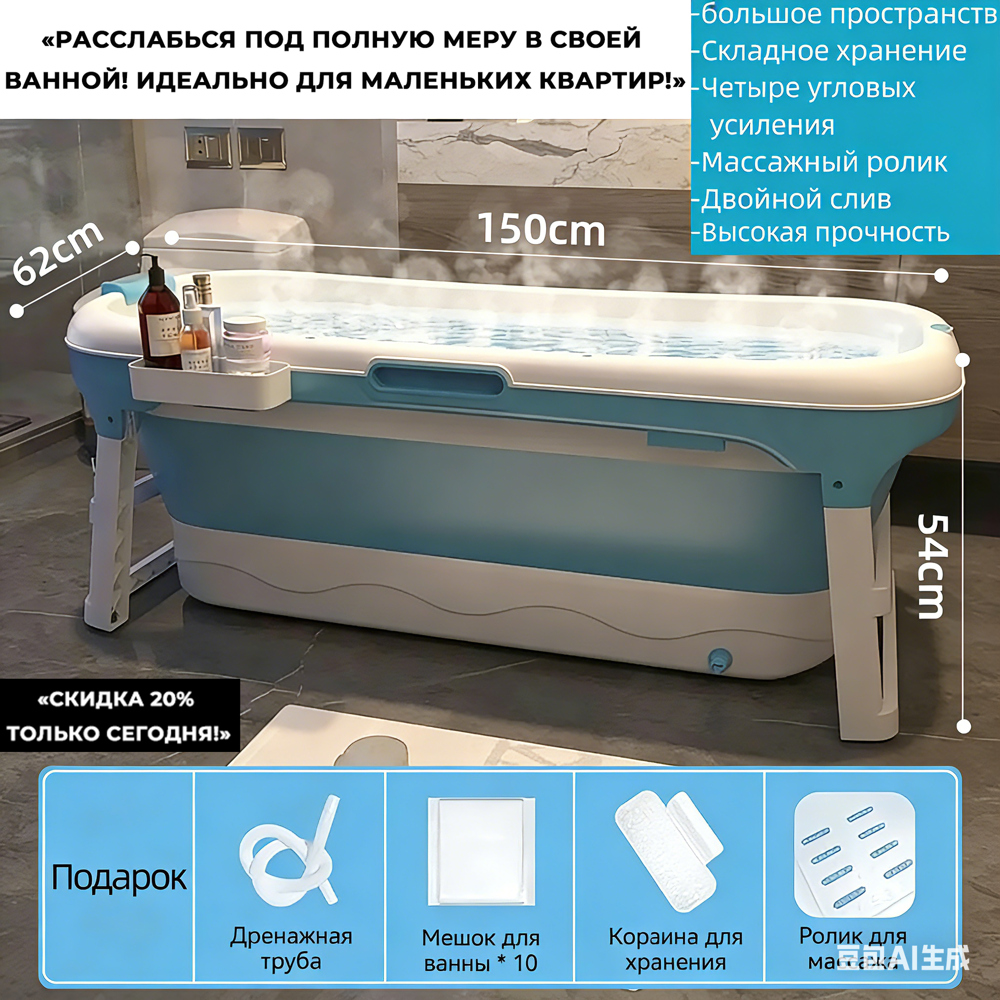 Складная ванна 150 см голубая с массажем, компактная для маленьких квартир с подарком