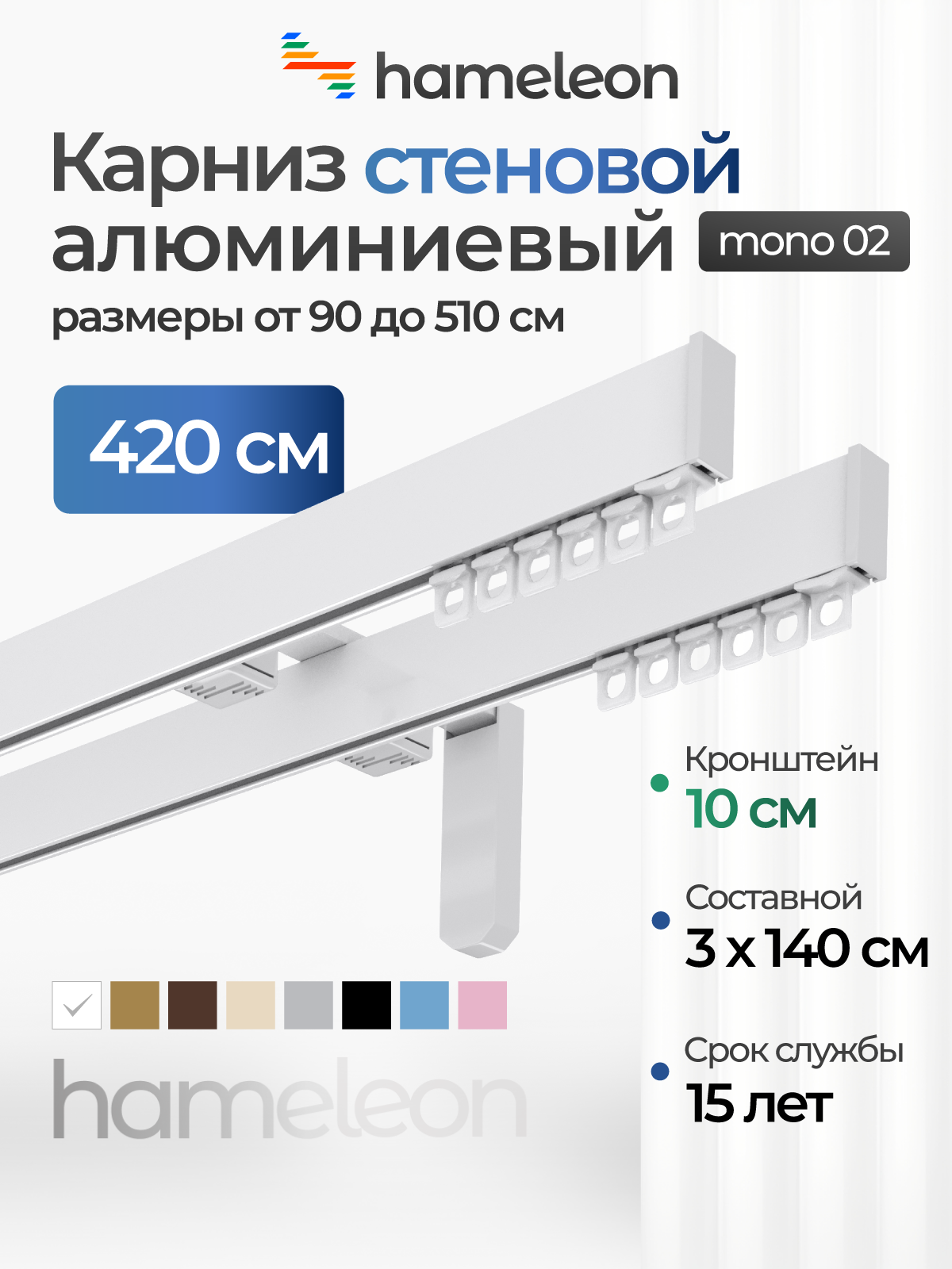 Карниз для штор hameleon mono 02, двухрядный, настенный, белый глянец, 420 см, алюминиевый, кронштейны 10 см.