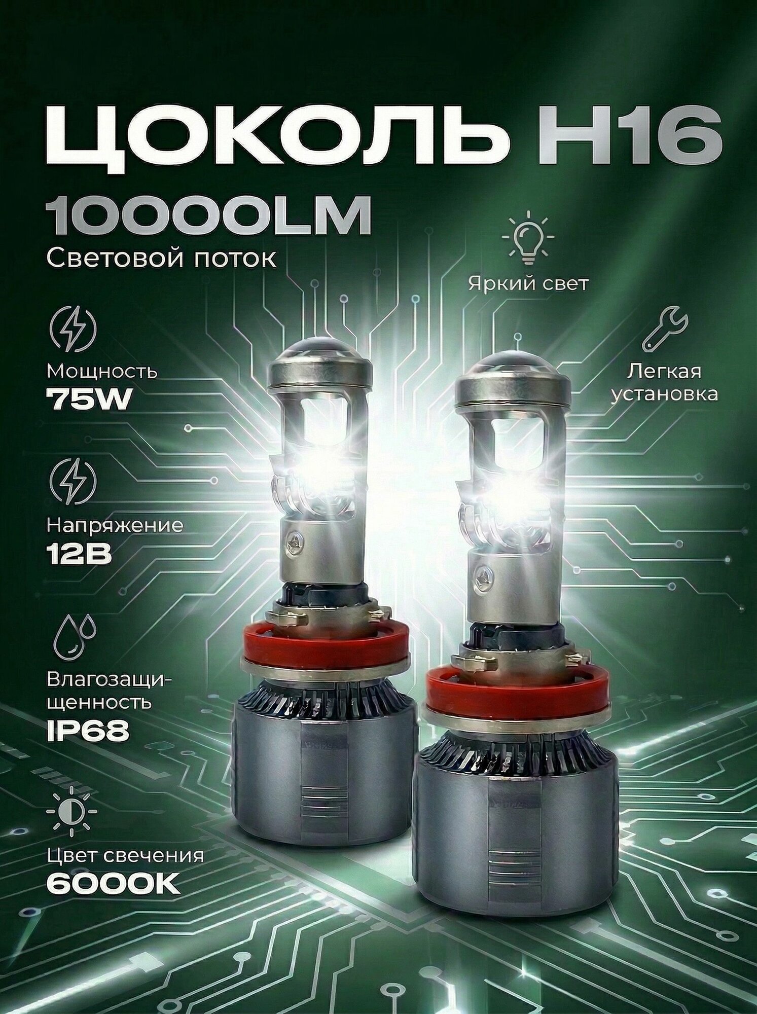 Светодиодные лампы с линзой H16 на LADA Vesta (2015-2025) на Лада Веста / LED лампы с СТГ H16 - ЛЕД диодные лампочки