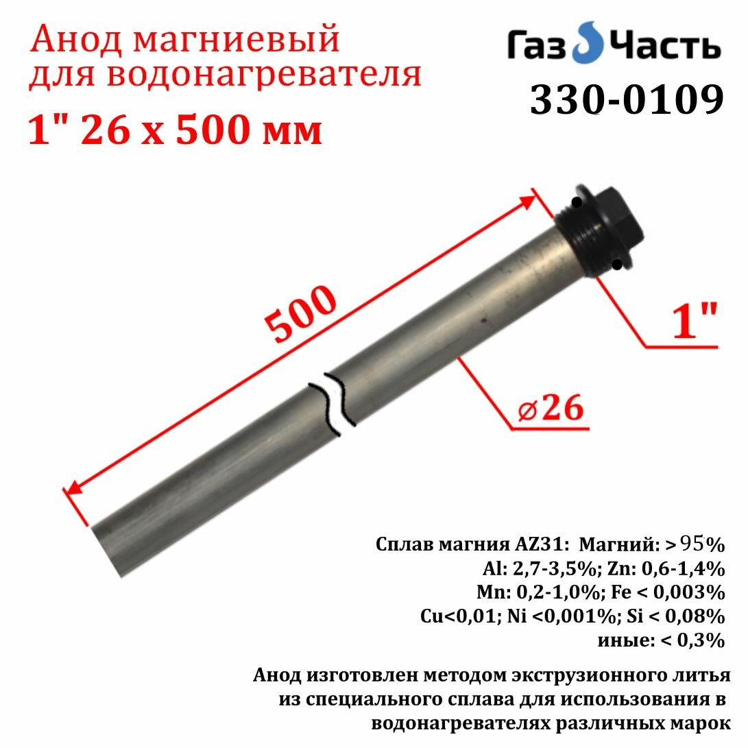 Анод 1" 500 мм (д.26 мм) защитный магниевый для водонагревателя ГазЧасть 330-0109