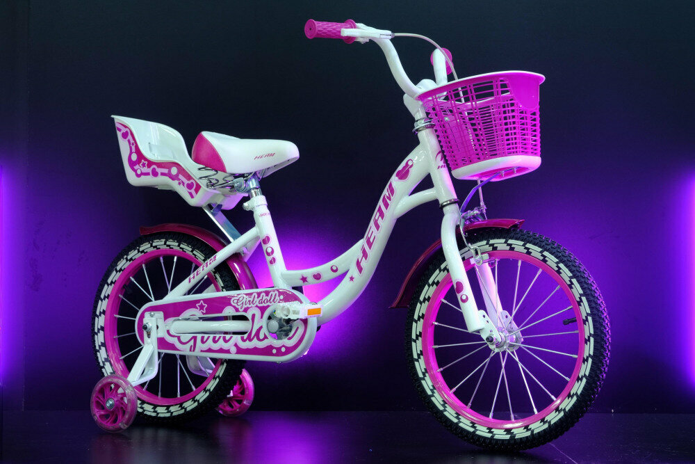 Велосипед детский HEAM Girl Doll 14, белый/фиолетовый, для девочек ростом 95–110см, стальная рама, тормоз ножной