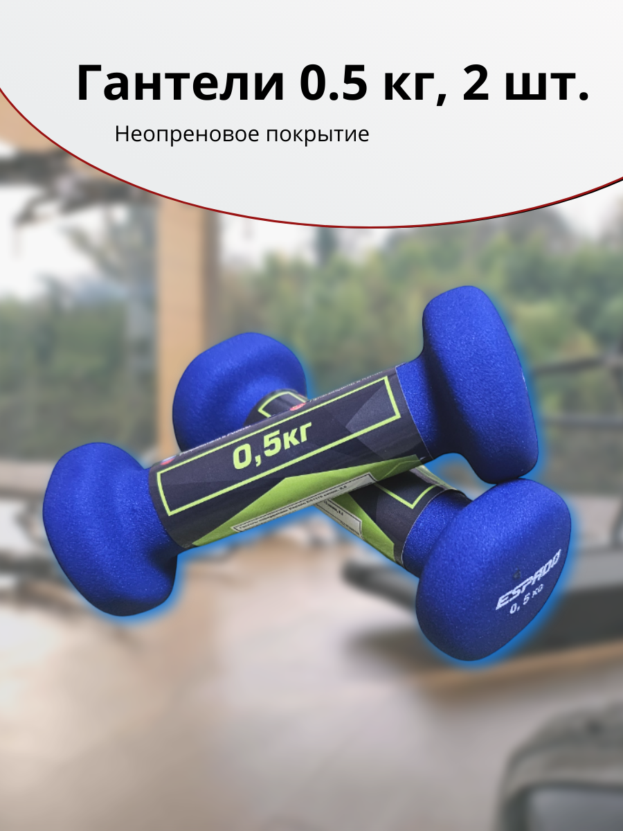 Гантели,2 шт. каждая по 0.5 кг, гексагональные, неопреновое покрытие, синие.