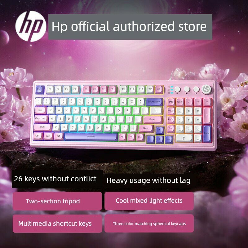 HP Проводная клавиатура, 99 клавиш, розово-бело-фиолетовый, для игр и офиса, тихая, с RGB-подсветкой