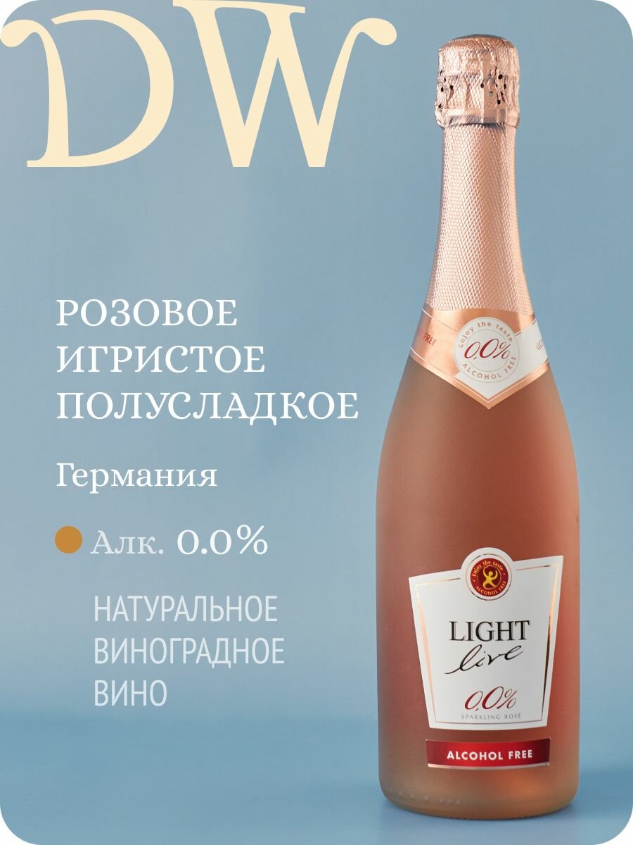 Безалкогольное шампанское Лайт Лив Спарклинг Розе игристое вино розовое полусладкое, 100% натуральное, Германия (0.75л, Aлк.0,0%), LIGHT live
