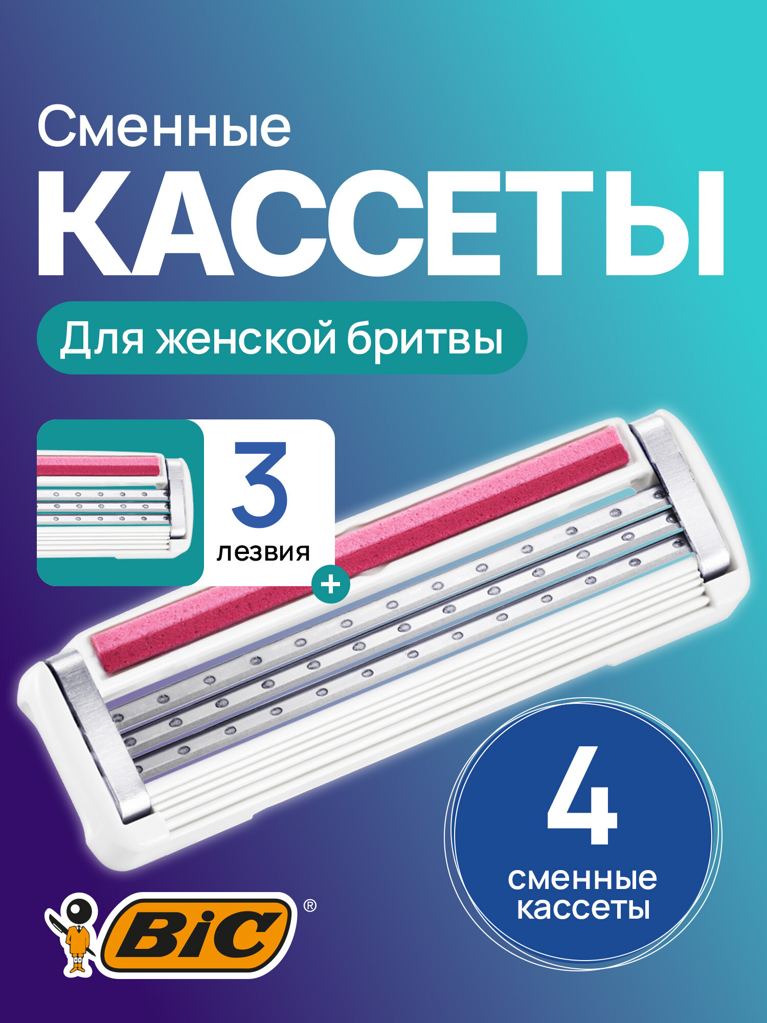 Сменные кассеты для женской бритвы, BIC Клик 3 , 3 лезвия и увлажняющая полоска, 4 шт