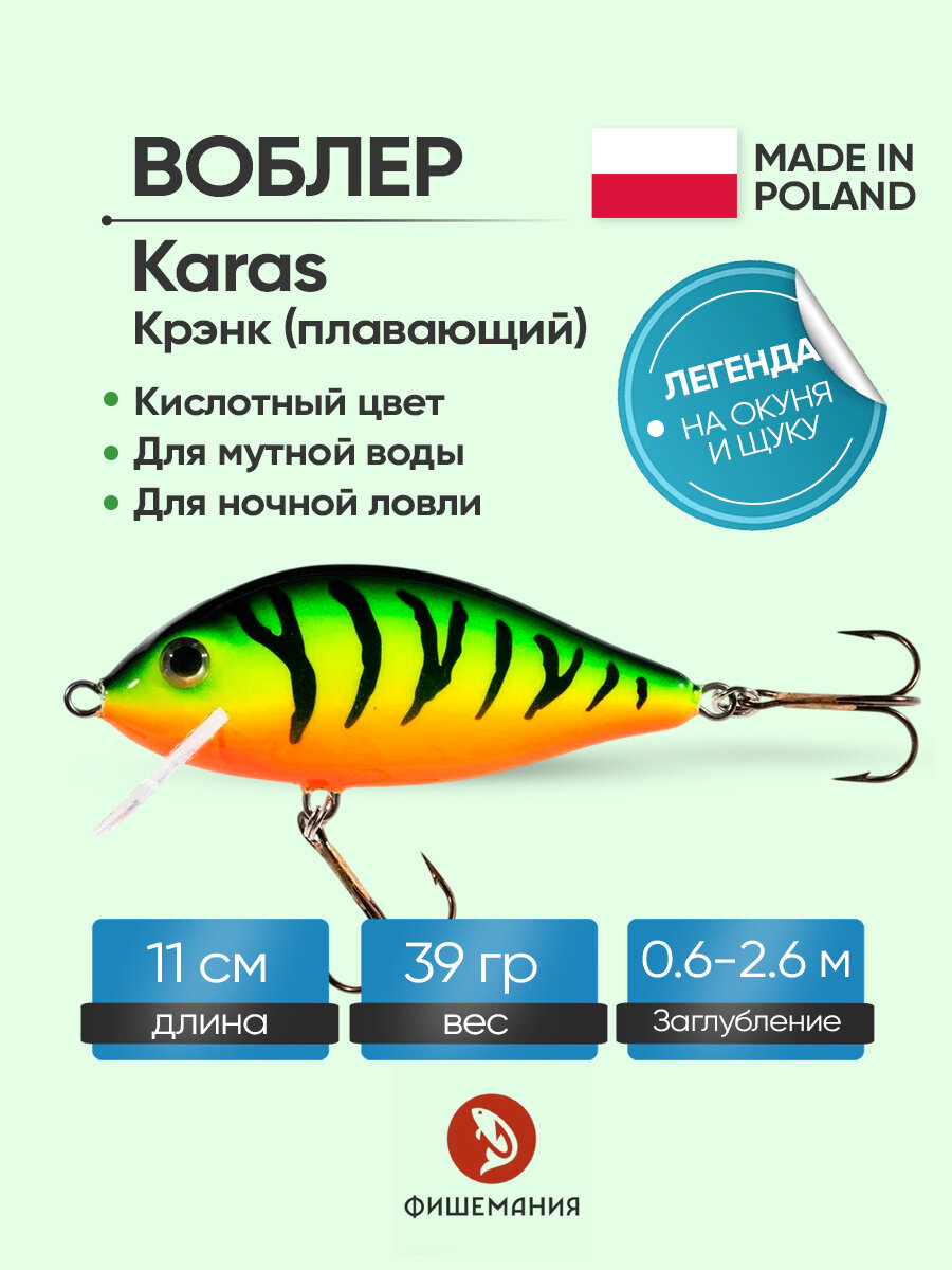 Воблер для рыбалки на щуку Jaxon Karas 11 см TG, плавающий для троллинга на судака / Приманка на щуку, окуня, судака, жереха