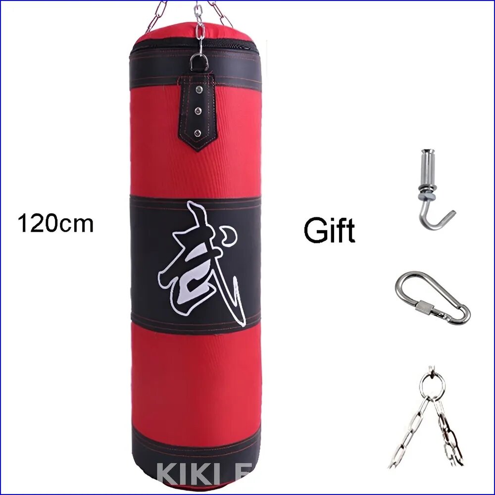 Боксерская груша 120 см красная из искусственной кожи для бокса, подарок - крюк, карабин и цепь