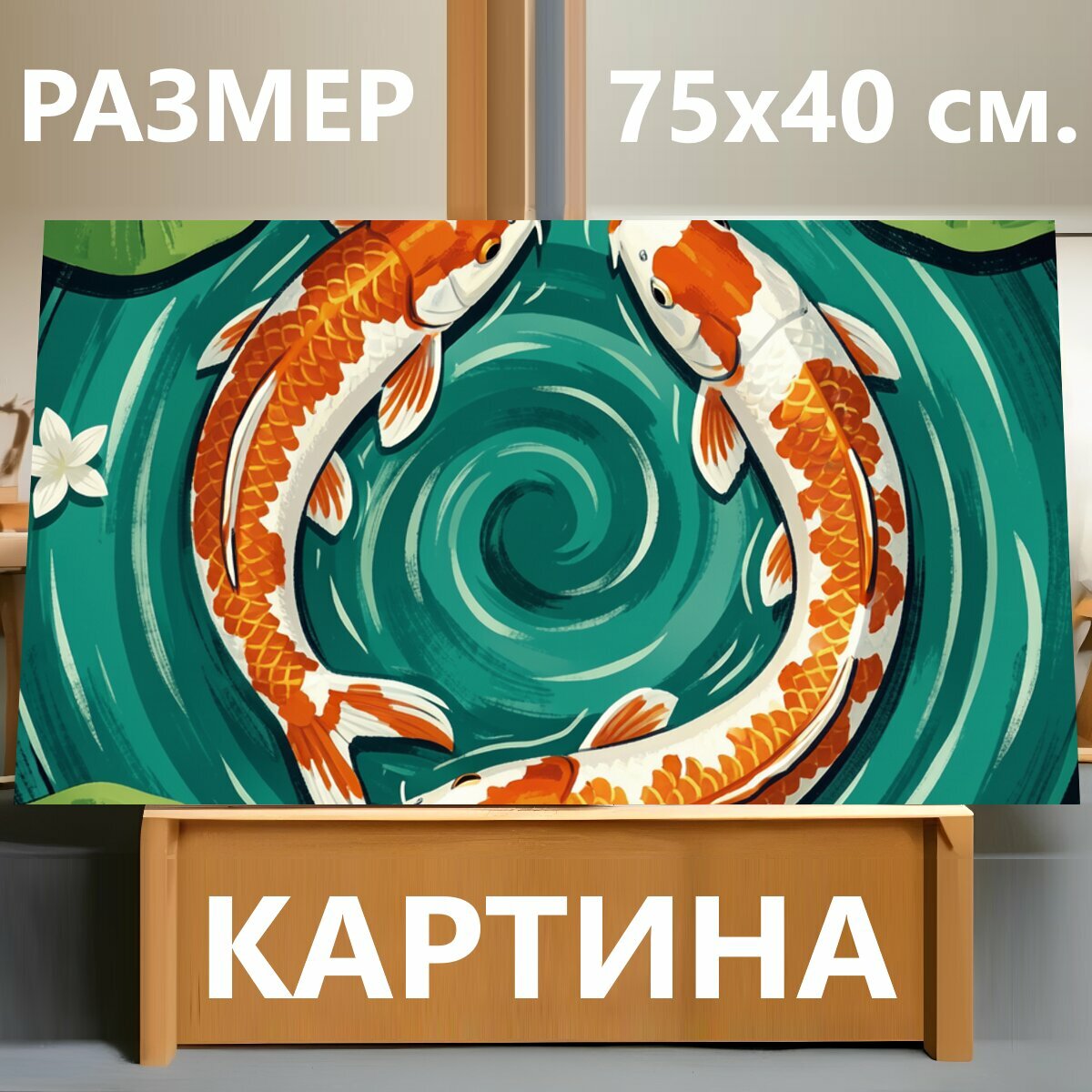 Картина на холсте "Кои в водном круге. Две оранжево-белые рыбы плывут по бирюзовой воде среди кувшинок и белых цветков. Яркая декоративная." на подрамнике 75х40 см. для интерьера