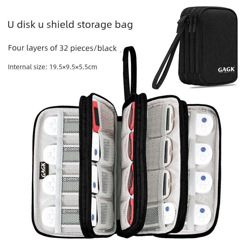Чехол с 4 слоями для USB-ключей, хранение 32 ключей, черный