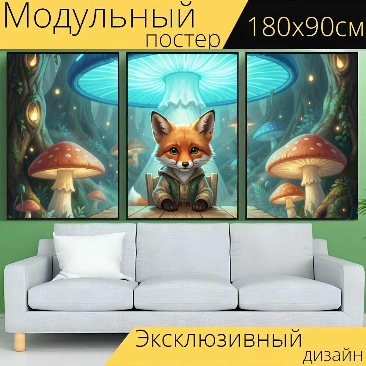 Модульный постер "Лисёнок в волшебном лесу. Сказочная сцена с рыжим зверьком за деревянным столом среди светящихся грибов и туманного." 180 x 90 см. для интерьера на стену в тубусе