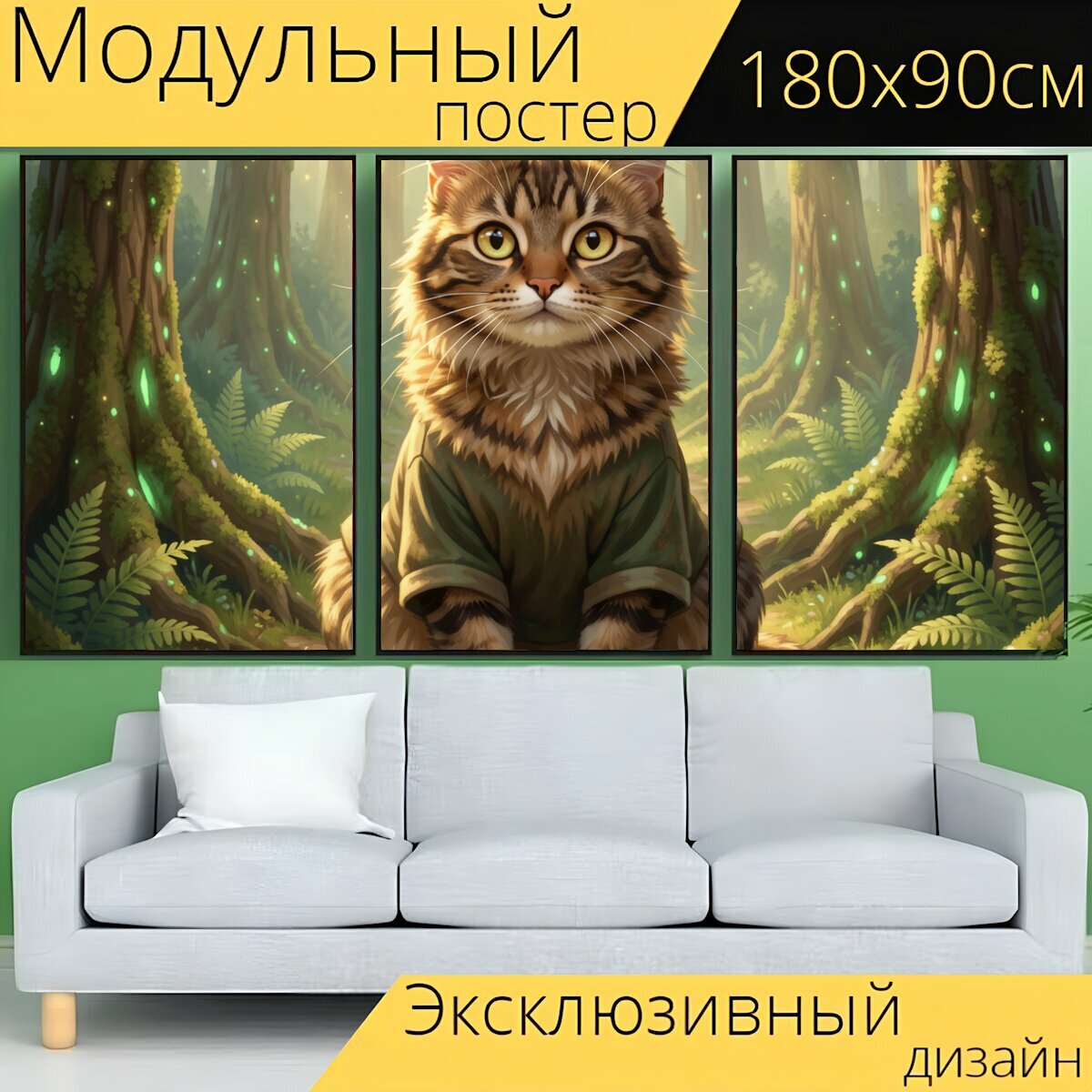 Модульный постер "Кот в лесном сиянии. Ласковый пушистый питомец в зелёной кофте сидит среди древних деревьев и папоротников." 180 x 90 см. для интерьера на стену в тубусе