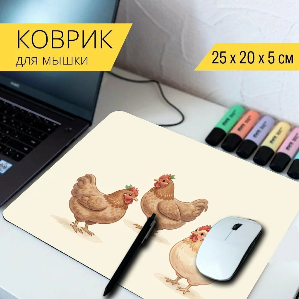 Коврик для мыши с принтом "Три домашних курицы. Три курочки в нежной акварельной иллюстрации, в теплых бежево-коричневых оттенках. Милый сельский сюжет с мягким светом." 25x20см.