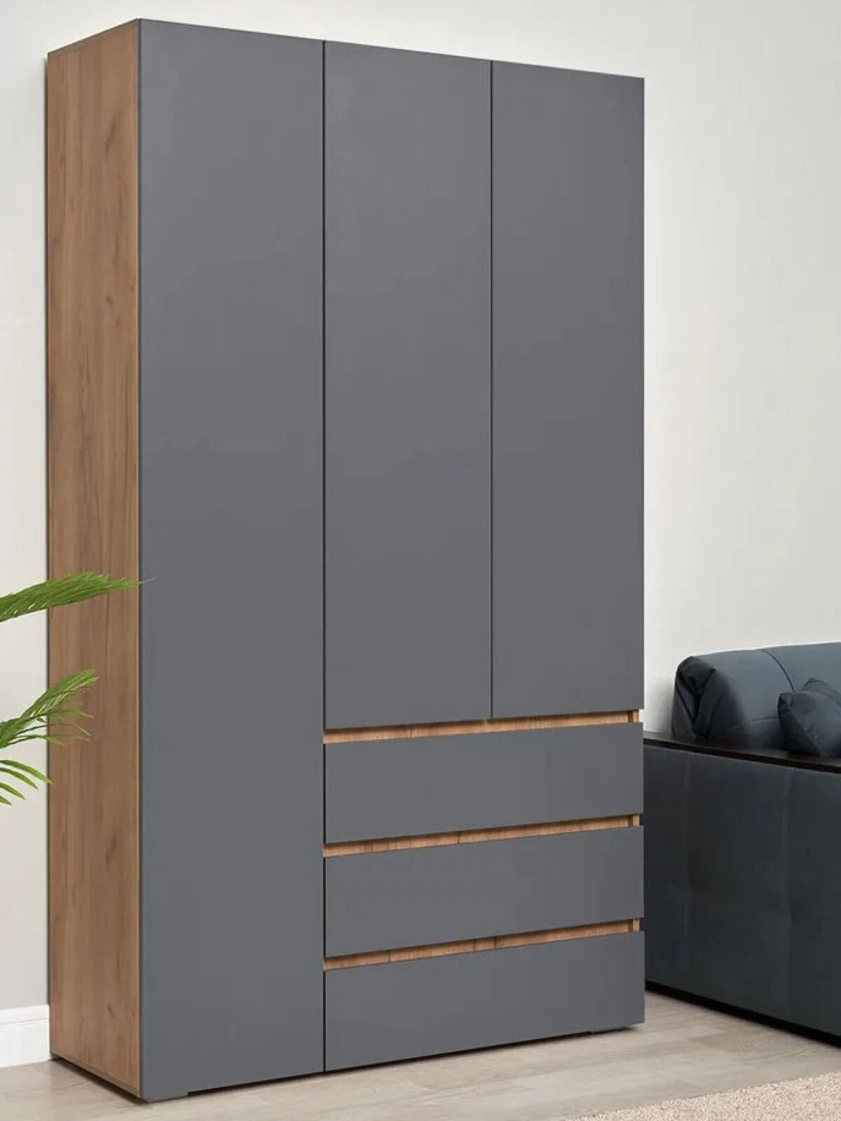 Шкаф 3-х створчатый с ящиками "Хелен ШК 06" графит +вотан Huge Mebel. Ширина 1200 Высота 2100. Шкафы распашные Huge Mebel. Ширина 1200 Высота 2100