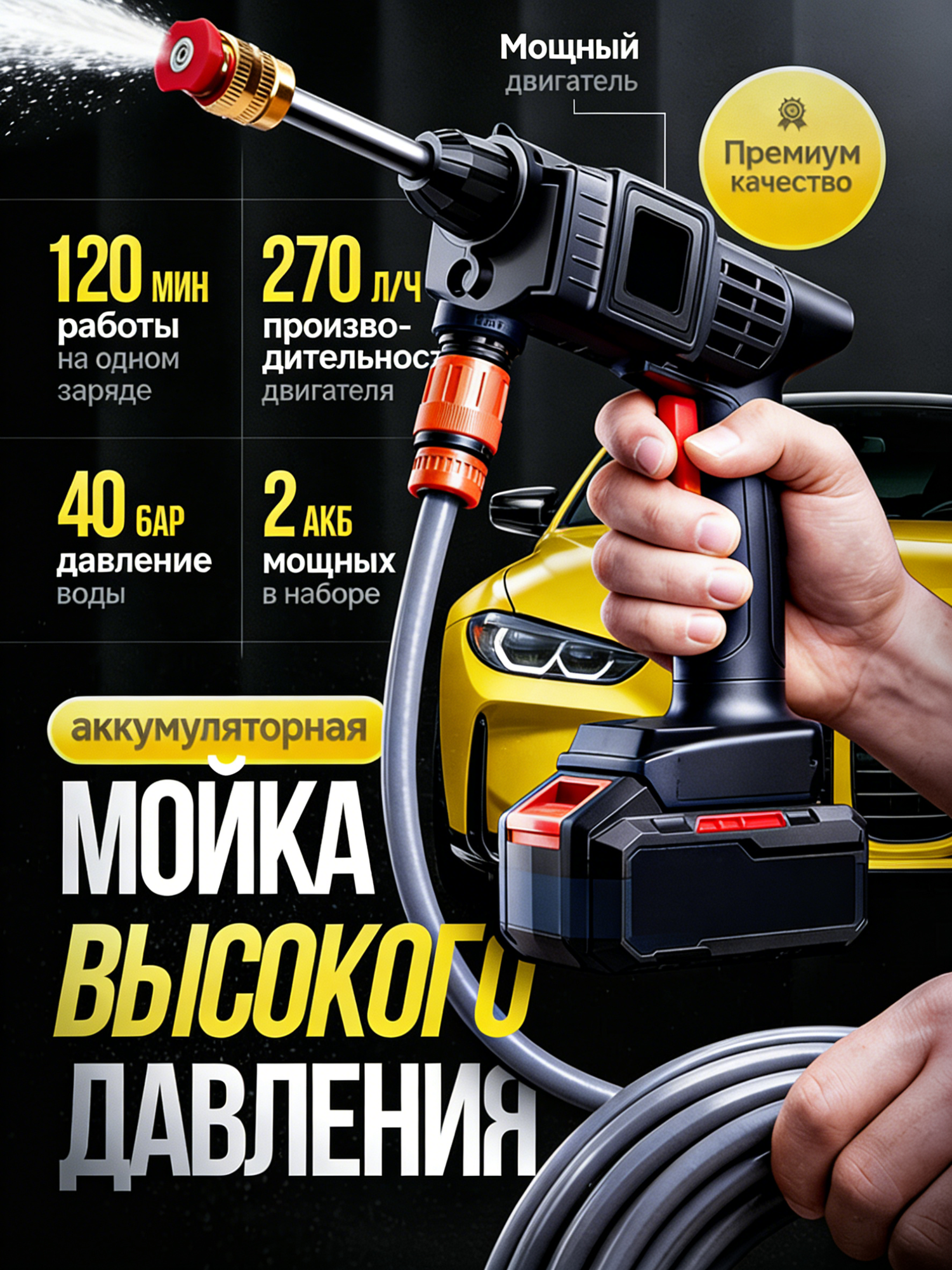 Мойка высокого давления Cleaning Gan, ручная, аккумуляторная, 1000Вт, 32бар 2-а аккумулятора.