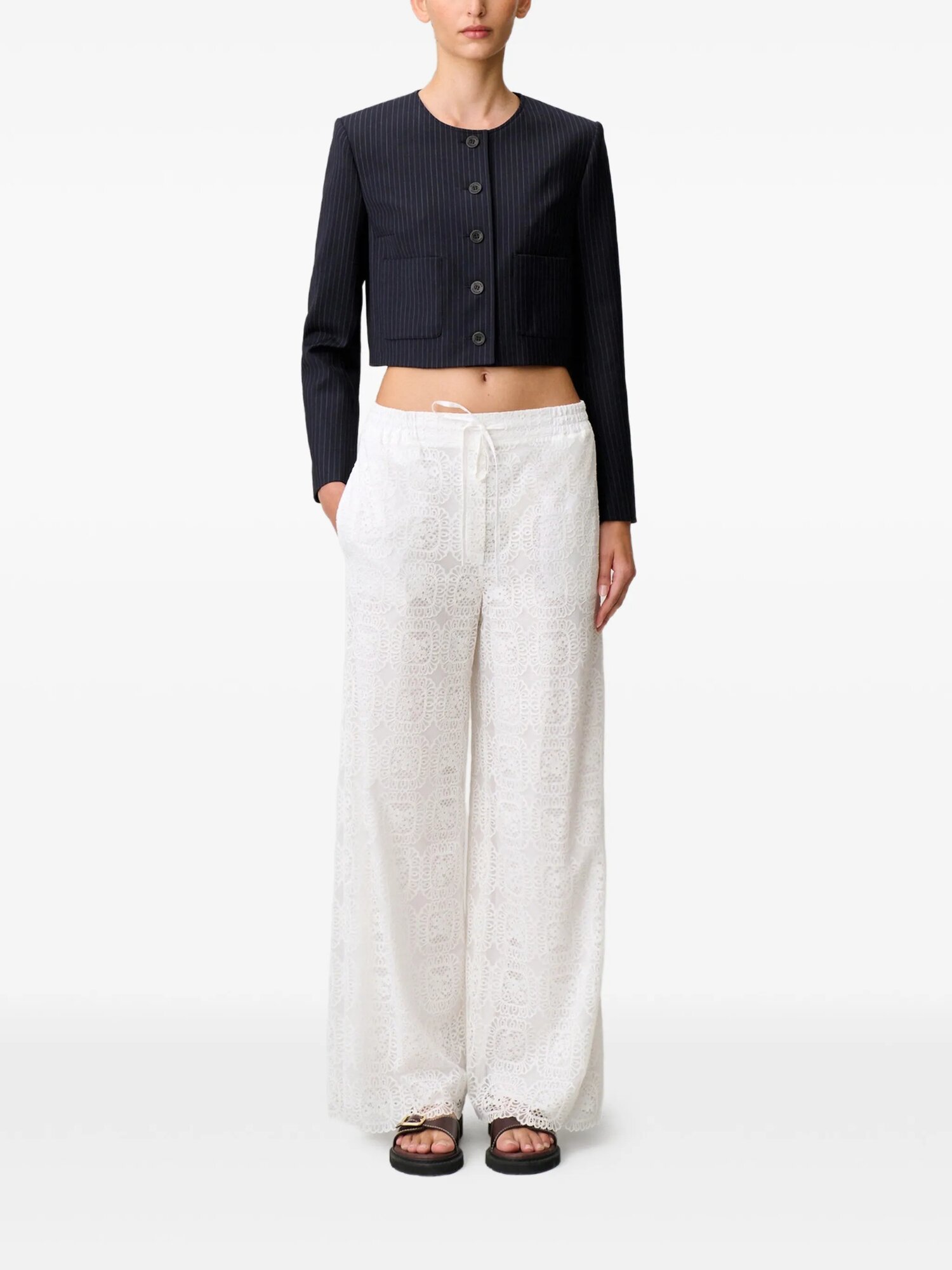 Брюки CLAUDIE PIERLOT Lace drawstring trousers, размер 40, бежевый/белый — фото 1