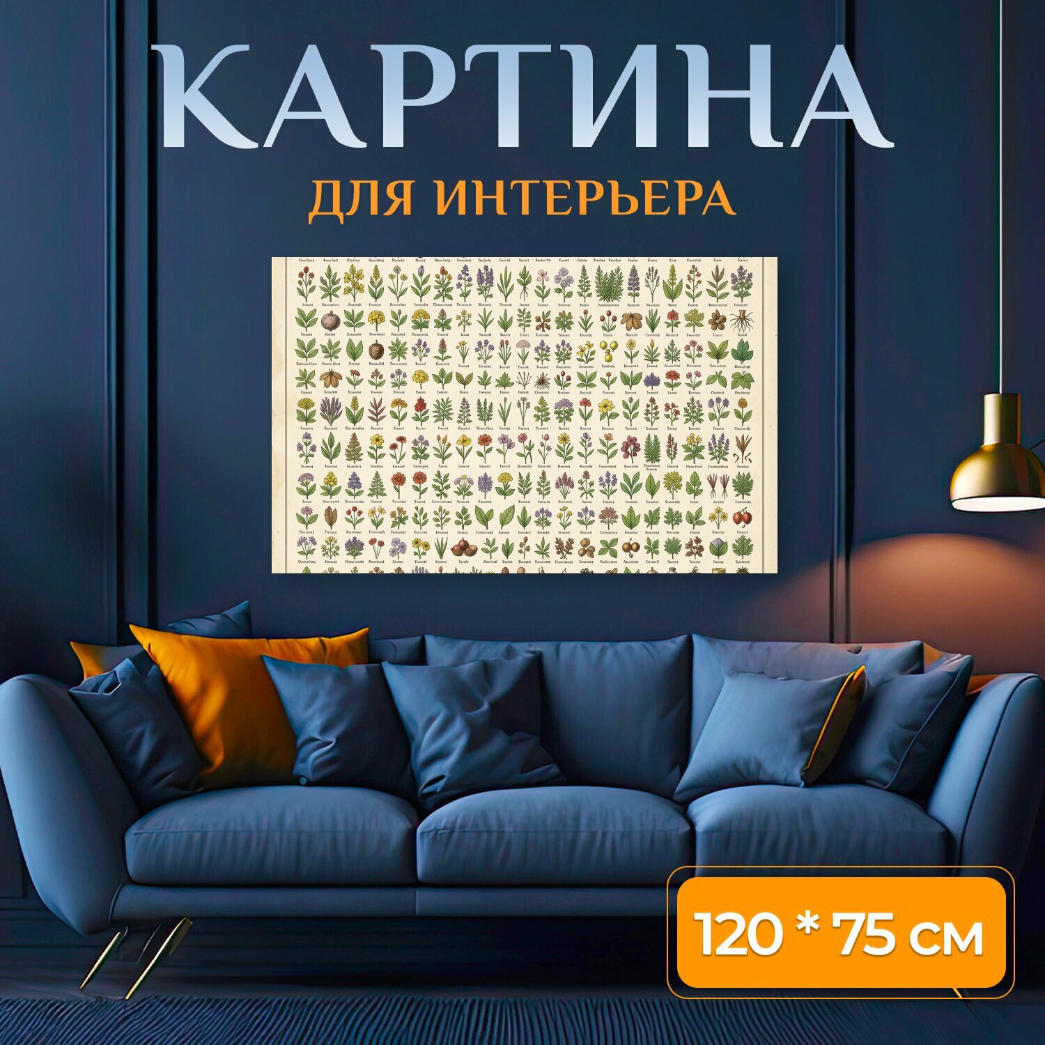 Картина на холсте "Ботанический гербарий с цветами и травами. Старинная ботаническая композиция с множеством полевых растений, листьев, корней." на подрамнике 120х75 см. для интерьера