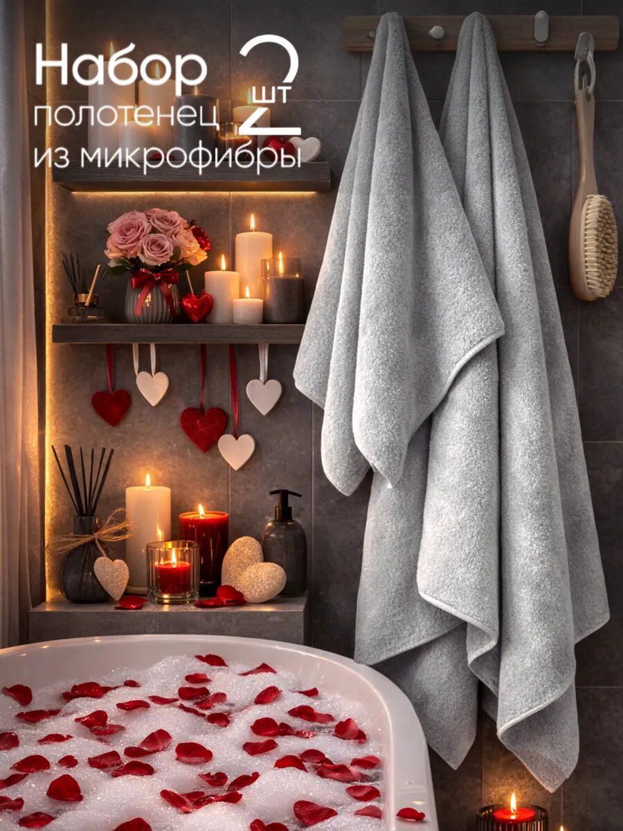 Полотенце банное набор 2 шт Павлина 70х140 и 35х75 см, из микрофибры, серый