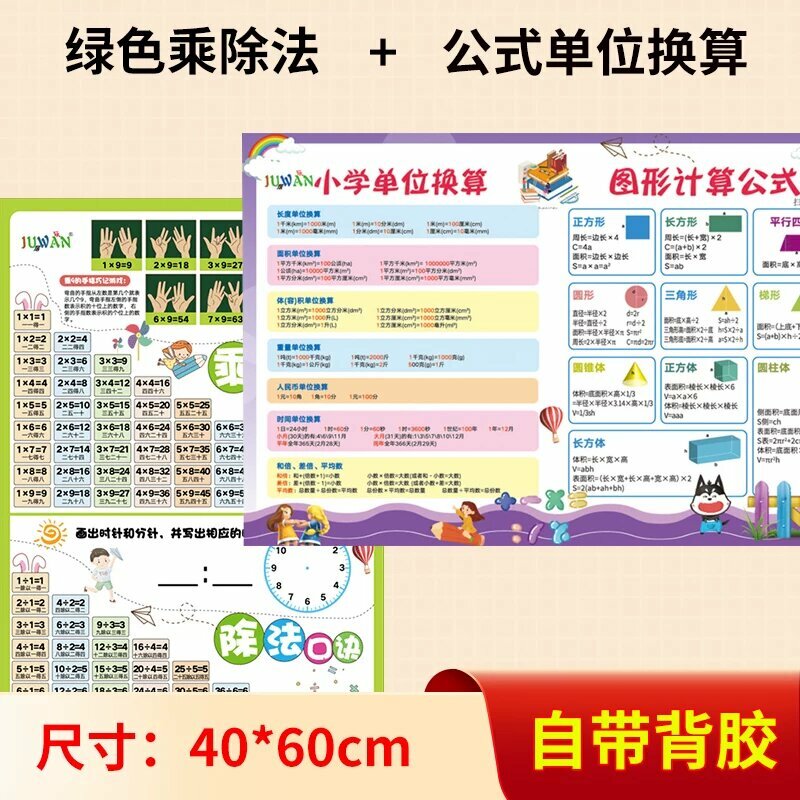 Таблица умножения и деления с единицами измерения, самоклеящаяся наклейка
