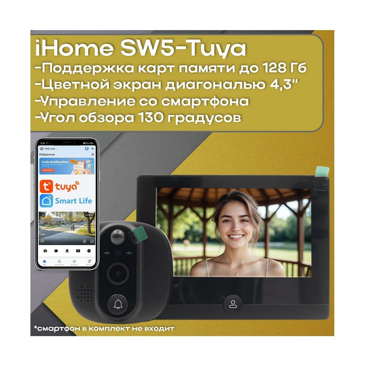 Видеоглазок для входной двери с камерой TUYA-WiFi IХОУМ-SW5-Туйя (Wi-Fi) (A66807DV) - удаленный просмотр с телефона, цветной экран 4,3. Широкоугольн