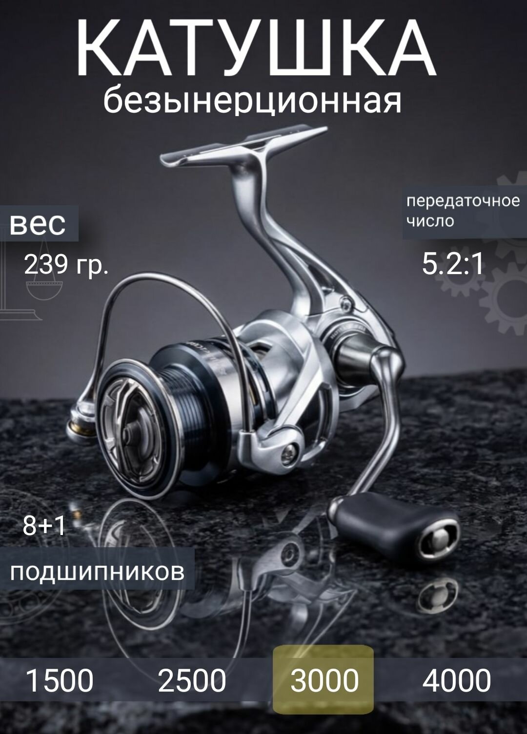 Катушка рыболовная безынерционная SHIMAND PGC 3000 для спиннинга, твичинга, джиггинга.