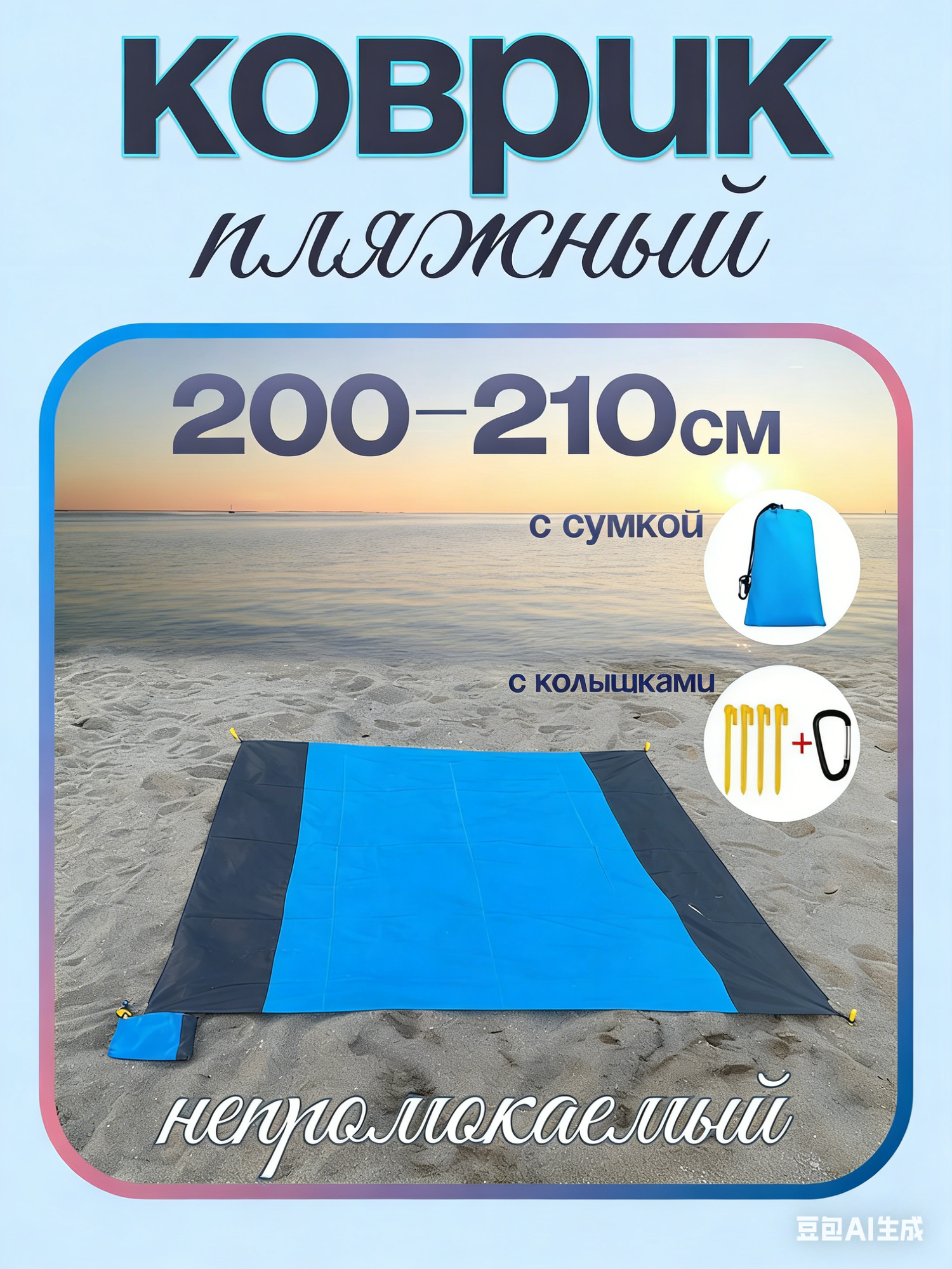 Коврик для пляжа и пикника складной большой 210*200 см, синий